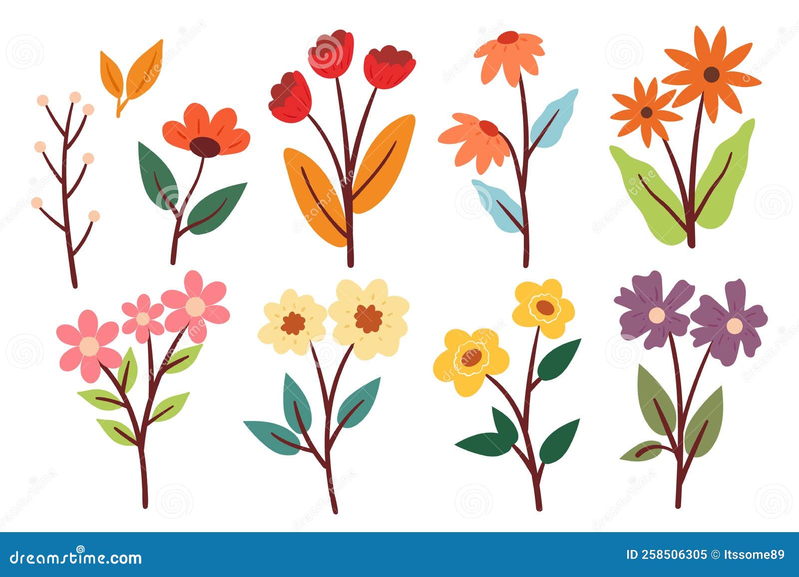 Hand Drawing Cartoon Flower Sticker Set Stock Vector - Illustration of ...