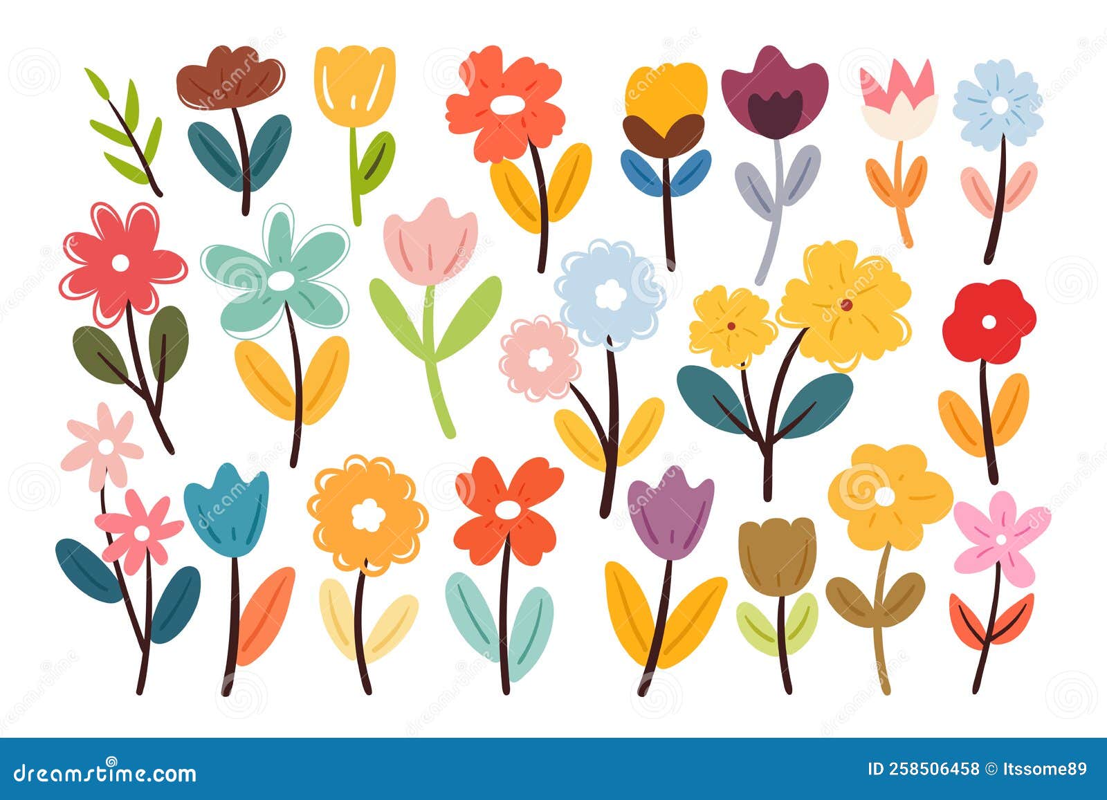 Hand Drawing Cartoon Flower Sticker Set Stock Vector - Illustration of ...