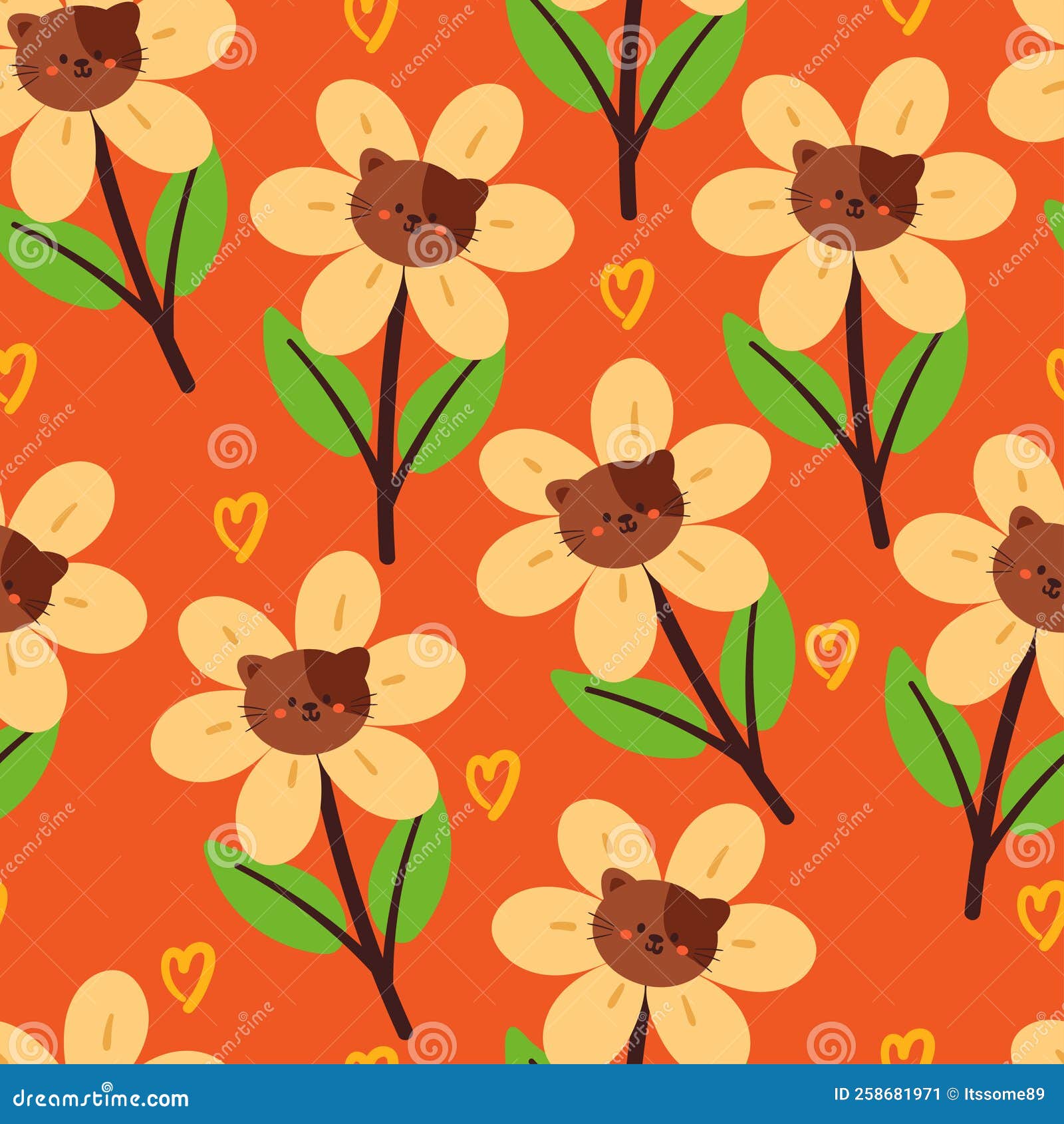 Seamless Pattern Cartoon Flower with Cat. Cute Wallpaper for Textile ...