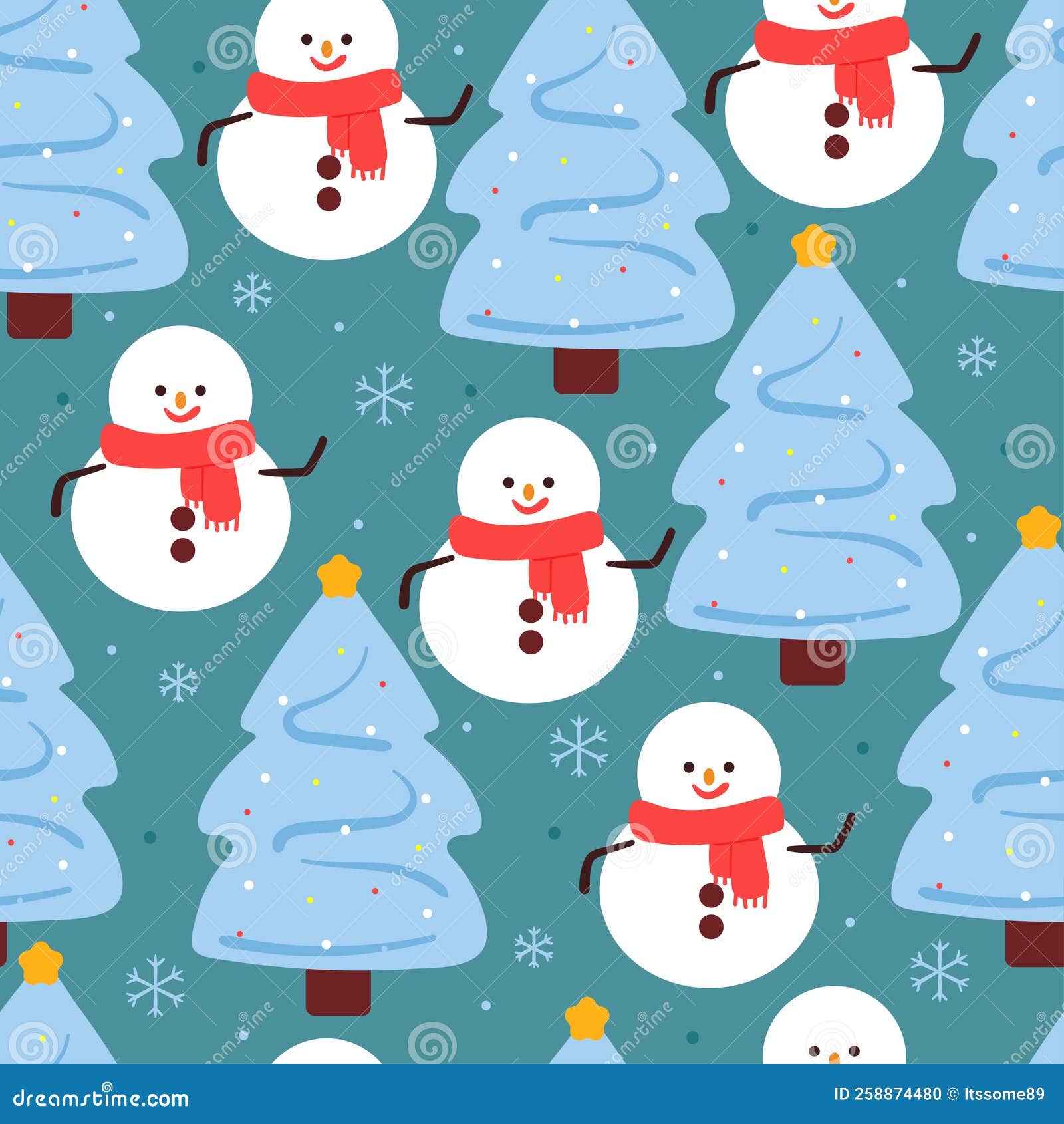 Seamless Pattern Cartoon Snowman and Christmas Tree. Cute Winter ...