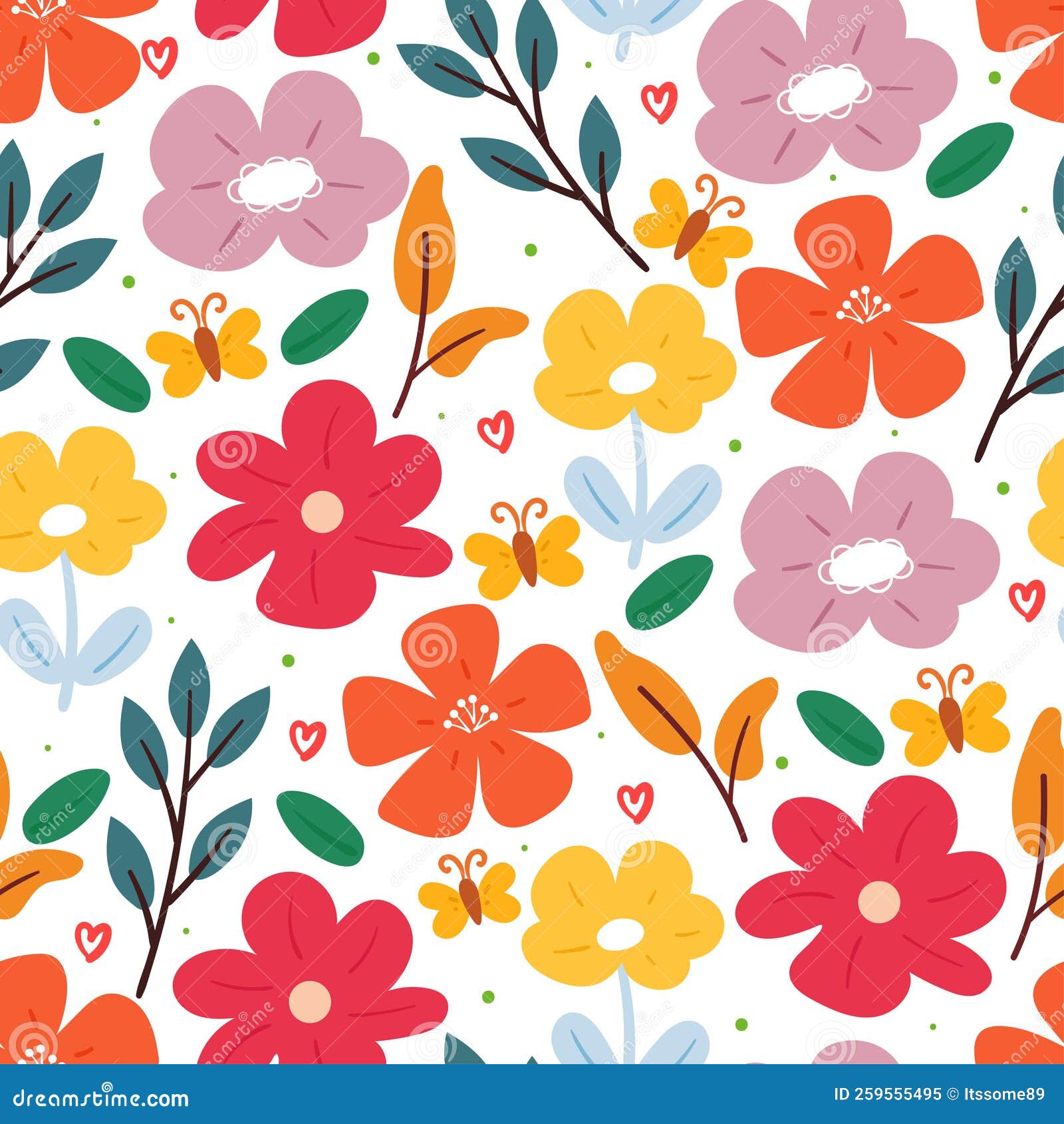 Seamless Pattern Cartoon Flower and Leaves. Botanical Wallpaper for ...
