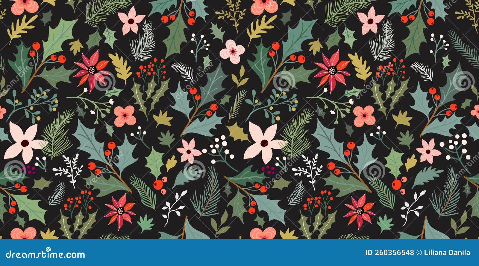 Botanical Christmas Seamless Pattern, Wallpaper, Winter Design with ...