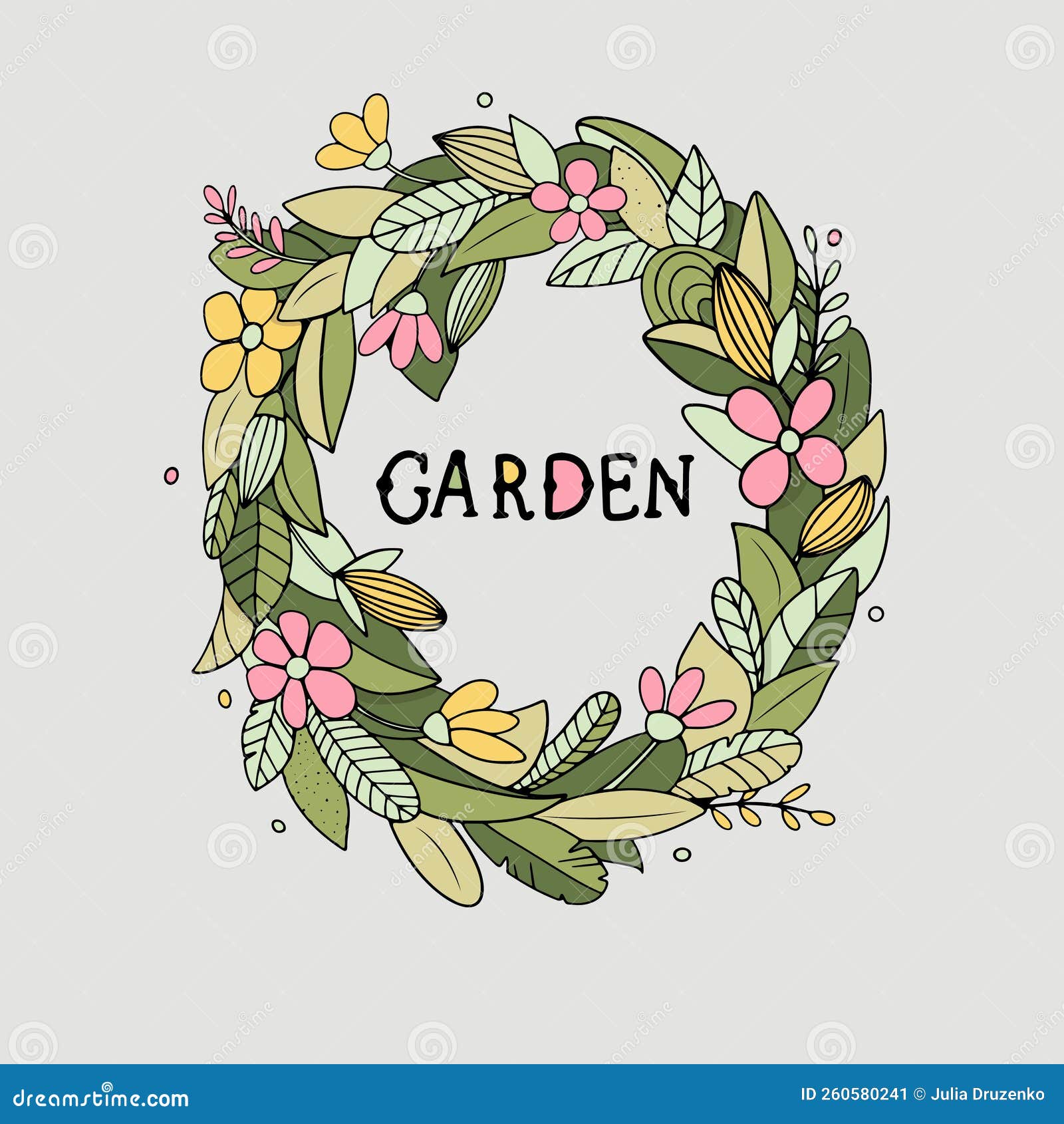 Floral Wreath with Leaves and Flowers, Garden Text, Circle Vector ...