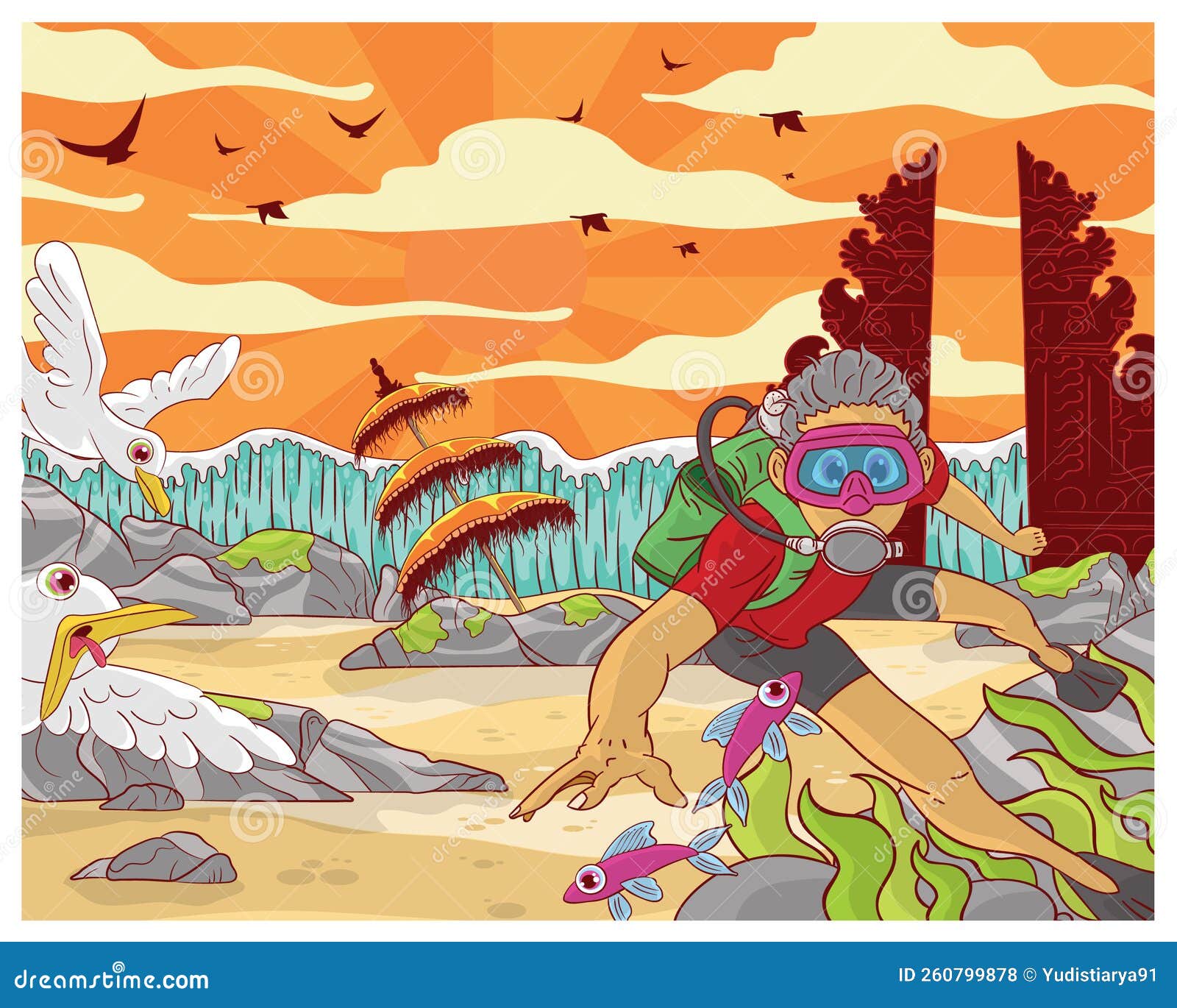 Destination Cartoon Illustration Sunset in Beach Stock Vector ...