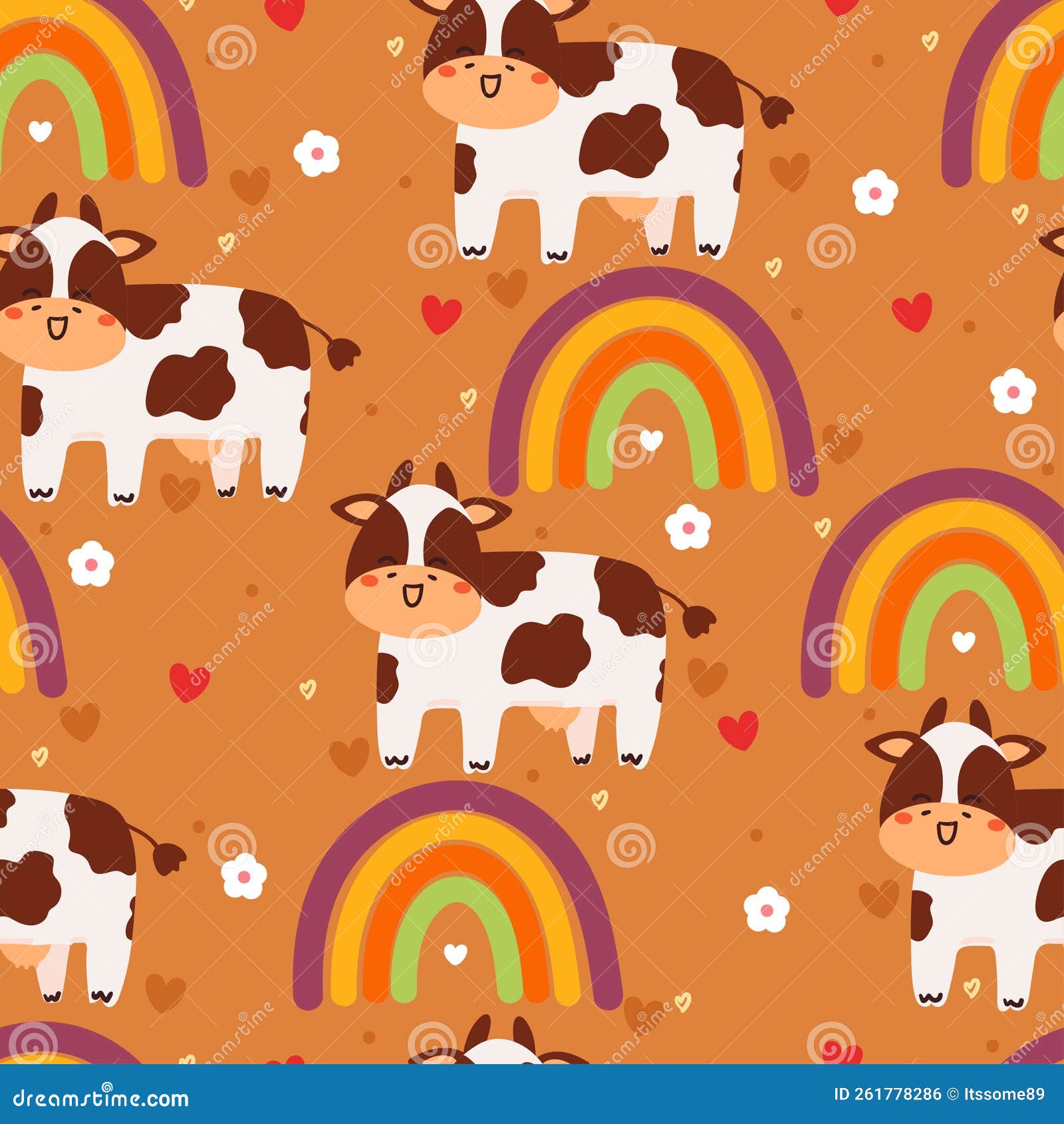 Seamless Pattern Cartoon Cow and Rainbow. Cute Animal Wallpaper for ...