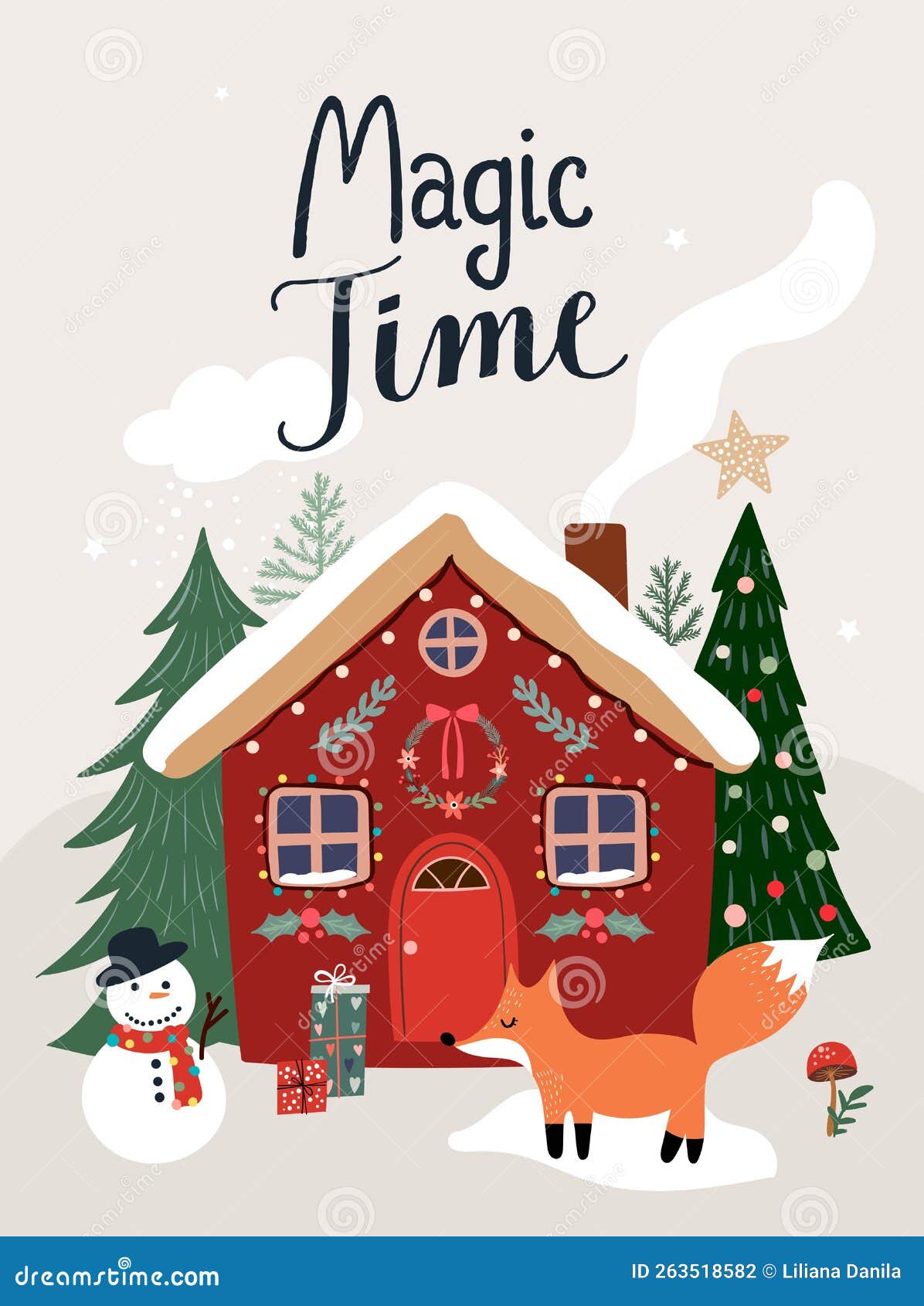 Magic Time Poster, Winter Vector Cute Illustration With Seasonal ...