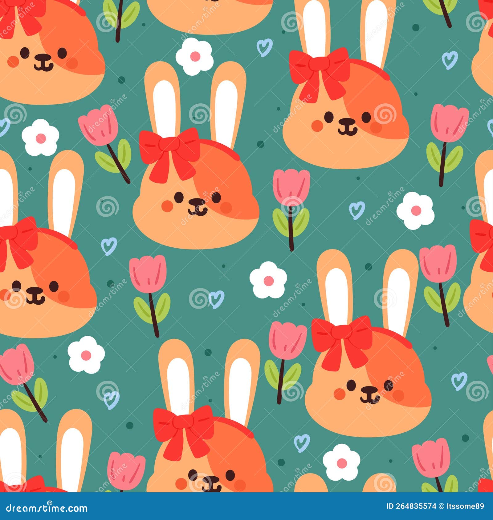 Seamless Pattern Cartoon Bunny and Flower. Cute Animal Wallpaper for ...