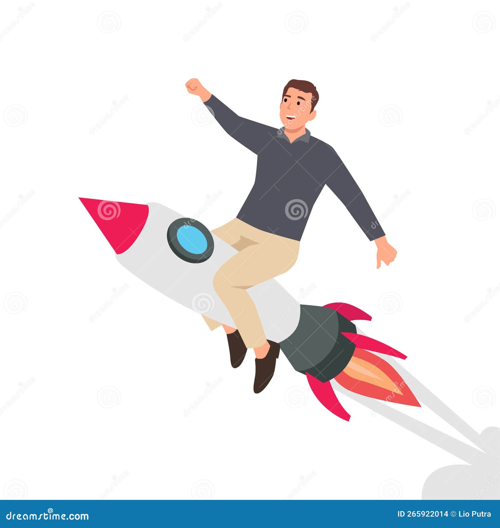 Young Businessman Flying Forward on a Rocket on Blue Sky Background ...