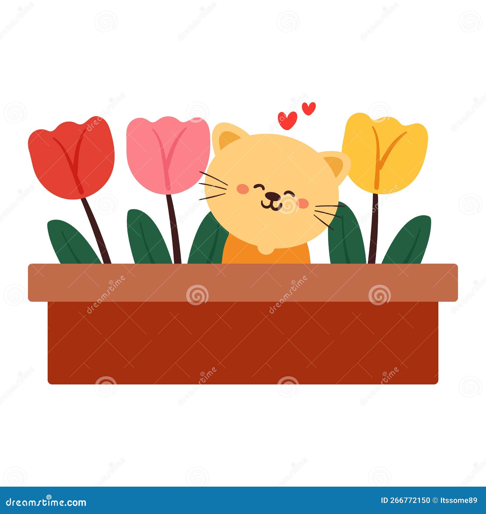 Cute Cartoon Tulip Flower and Cat Smiling Stock Vector - Illustration ...