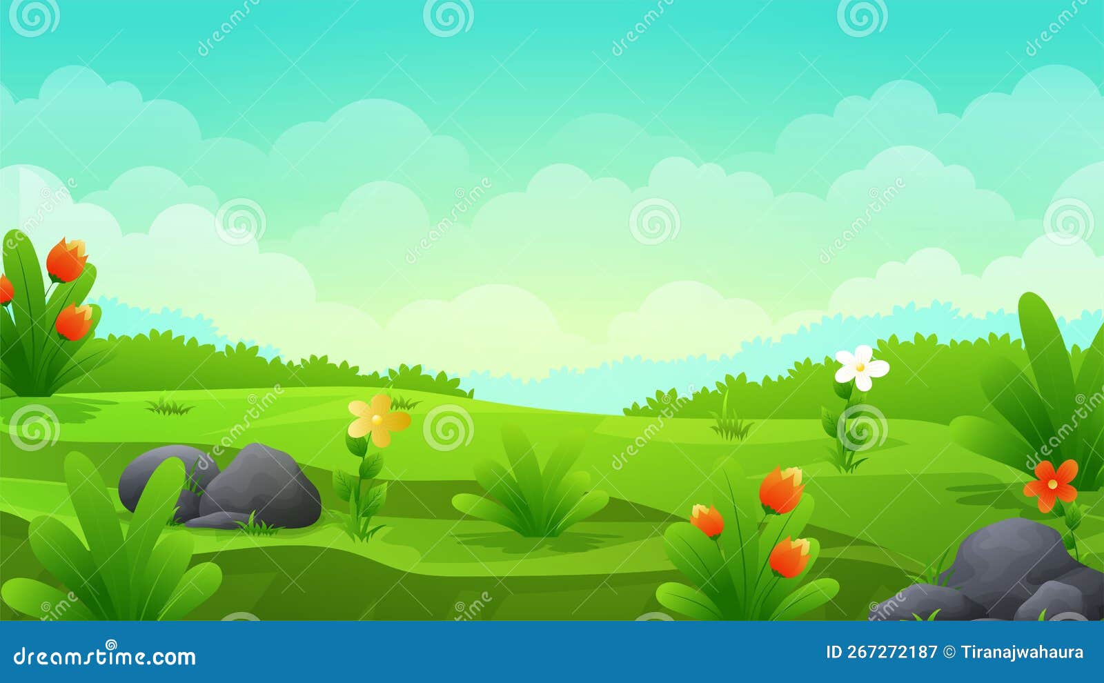 Beautiful Cartoon Grassland with Flower, Bushes and Trees, Landscape ...