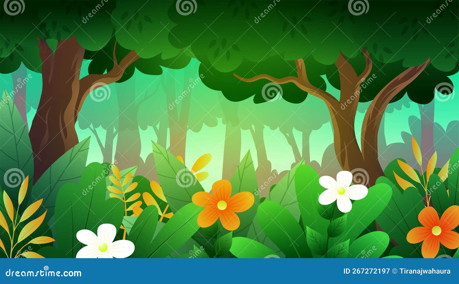Beautiful Cartoon Forest with Thick Bushes, Flower and Trees, Landscape ...
