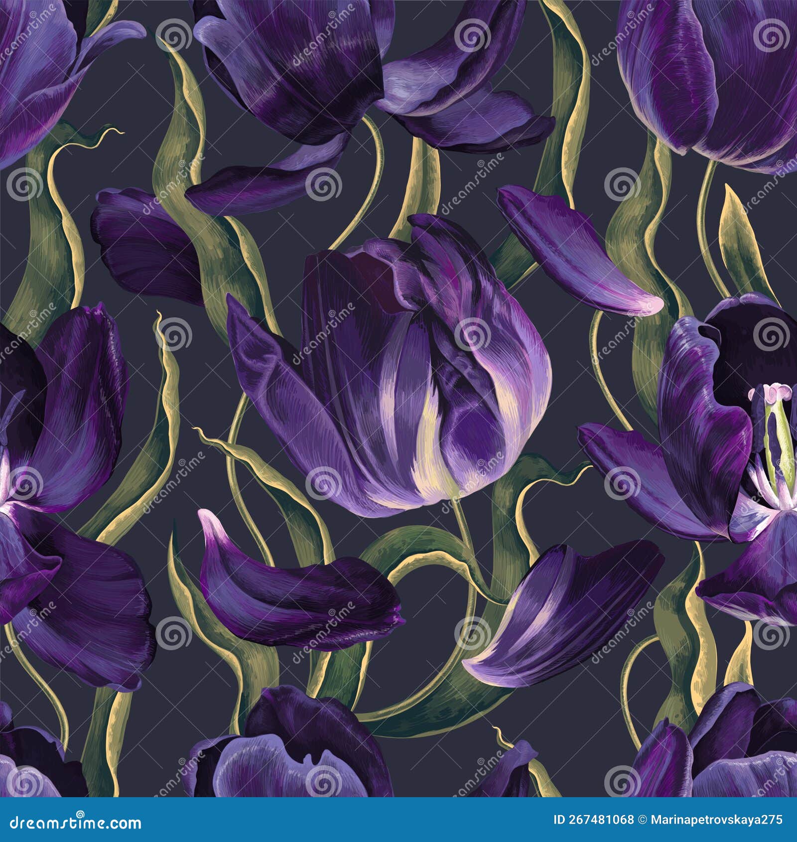 Seamless Pattern in Dark Colors with Realistic Dark Purple Tulip ...
