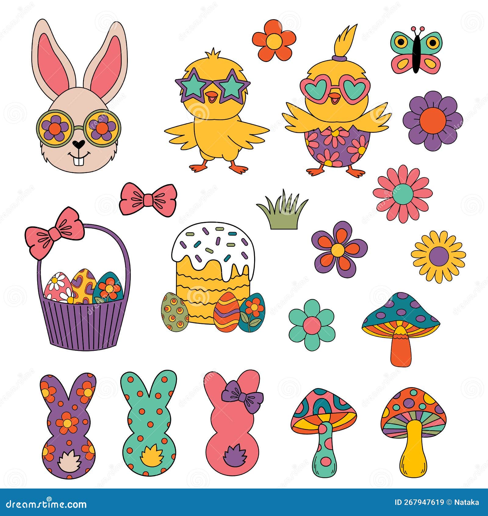 Set Of Groovy Easter Greeting Cards Set. Simple Spring Backgrounds In ...