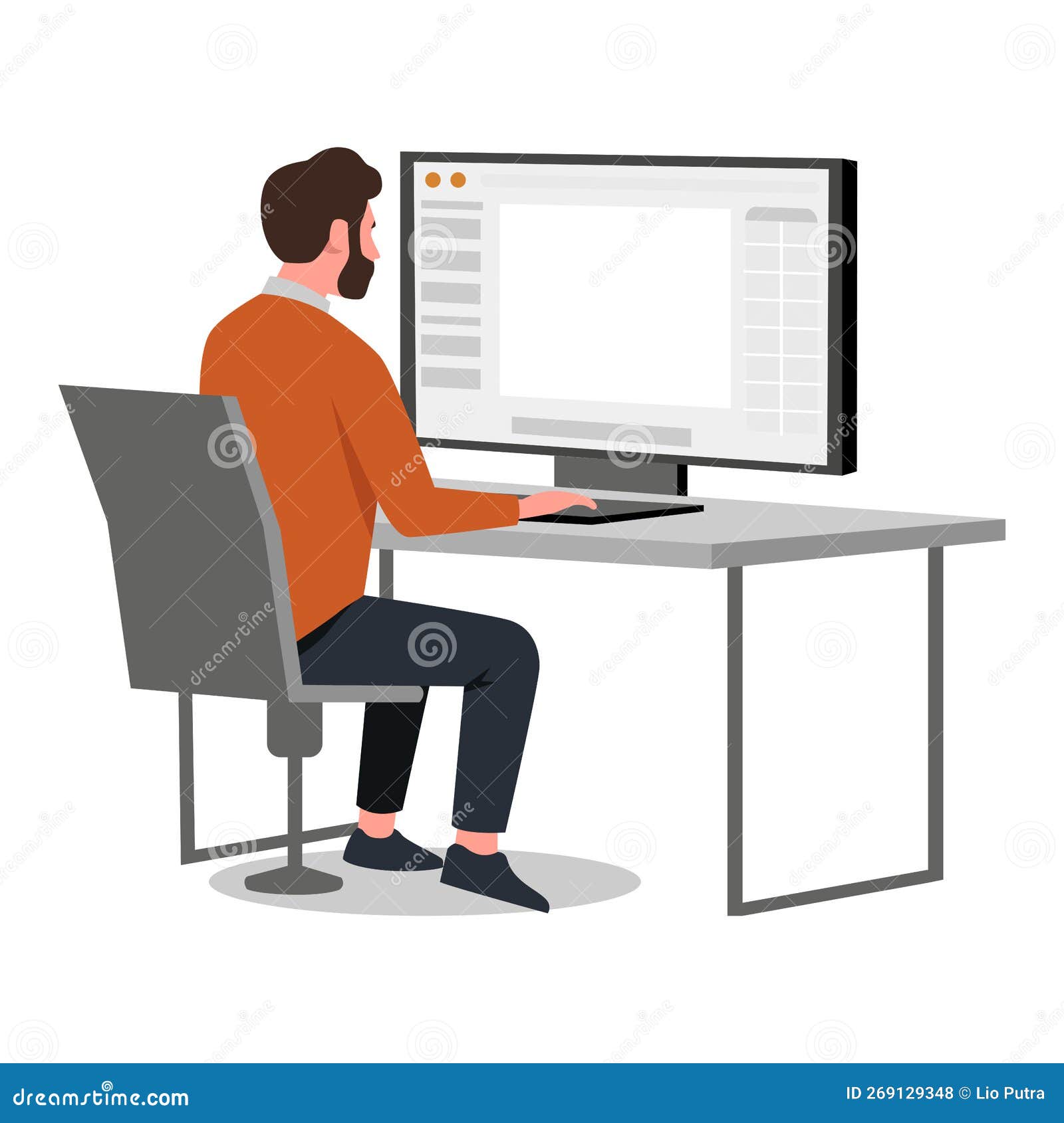 Man Working on a Computer. View from His Back Stock Illustration ...