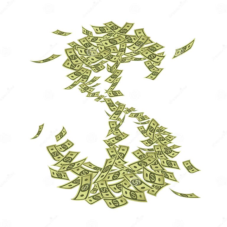Bank Notes on White Background. Swirl of Bills. Banner with Symbol of ...