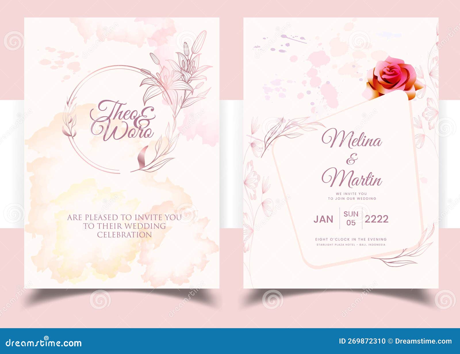 Invitation Card with Beautiful Blooming Floral Watercolor Background. Elegant Wedding Card with ...