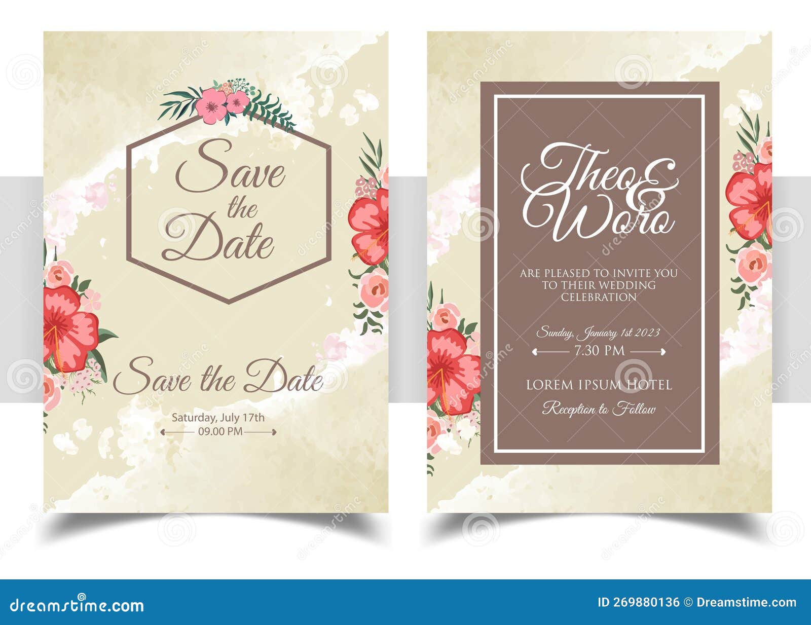 Wedding Invitation Card with Beautiful Blooming Floral Watercolor Background. Elegant Wedding ...