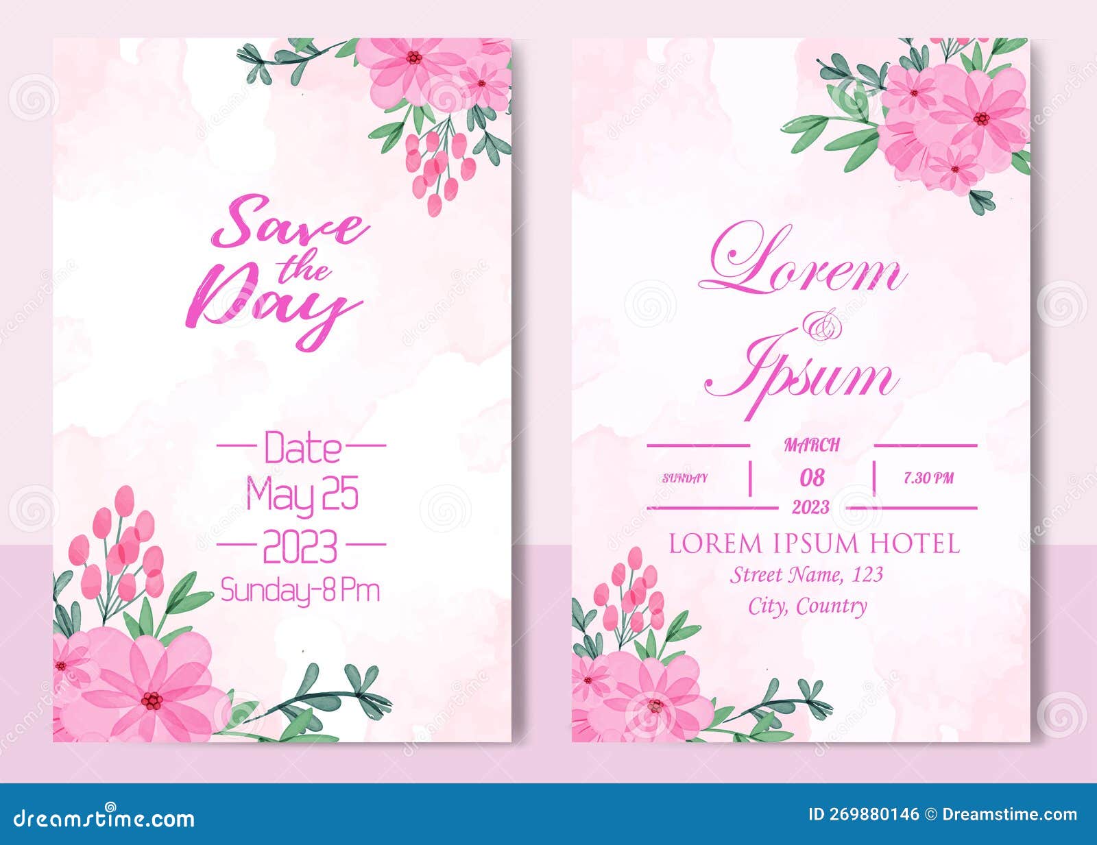 Wedding Invitation Card with Beautiful Blooming Floral Watercolor Background. Elegant Wedding ...