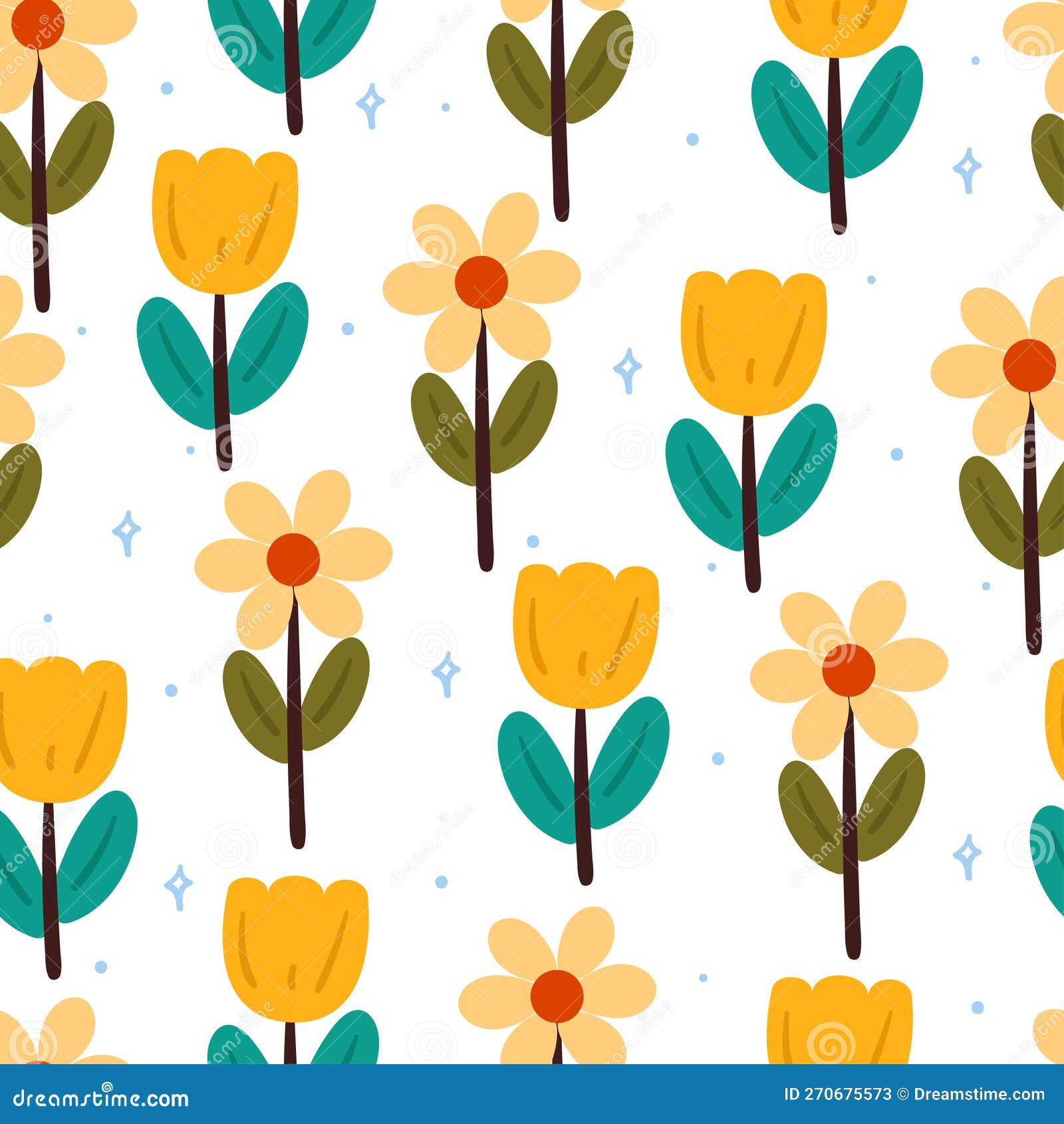 Seamless Pattern Cartoon Flower and Leaves. Botanical Wallpaper for ...