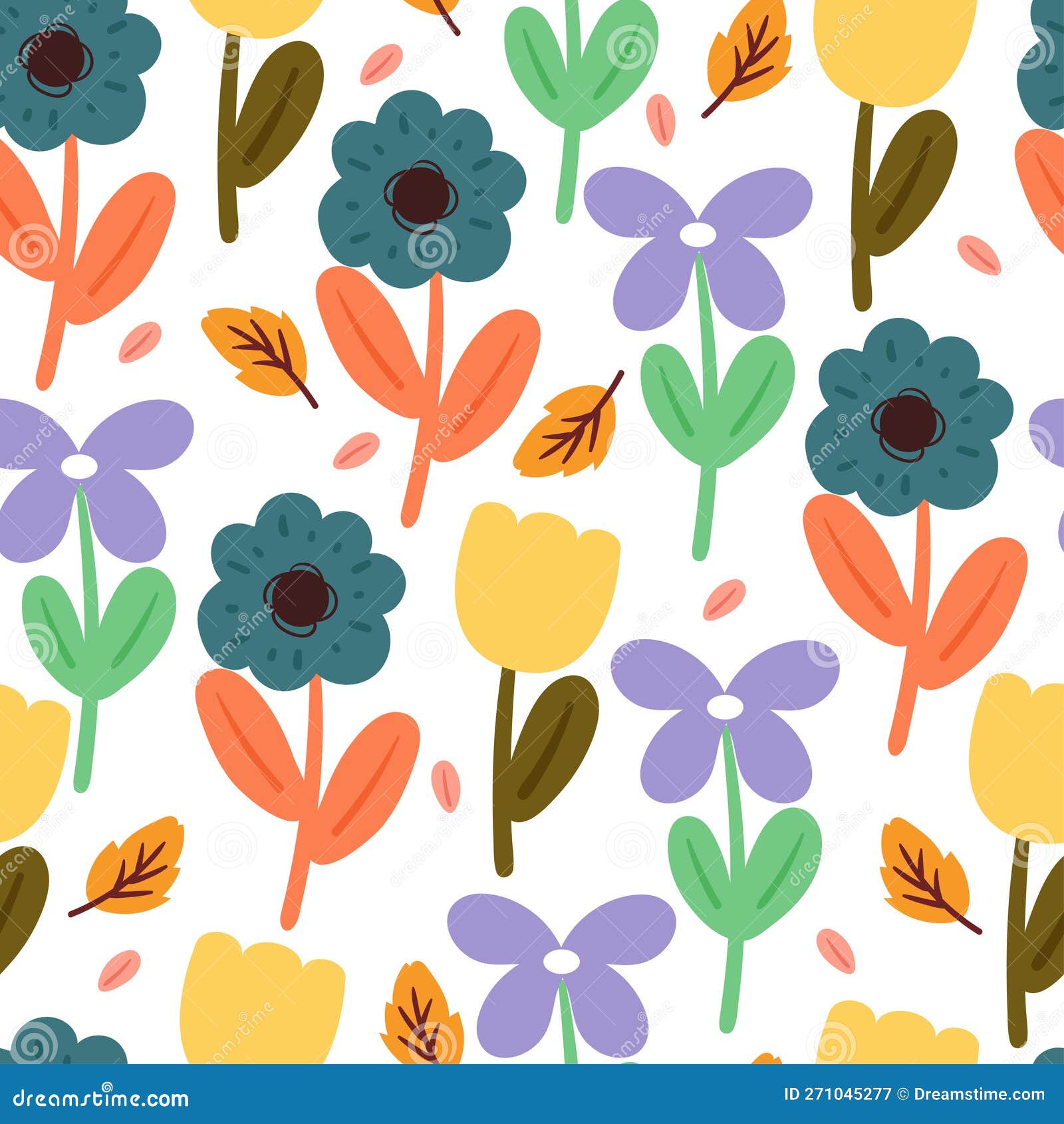 Seamless Pattern Cartoon Flower and Leaves. Botanical Wallpaper for ...