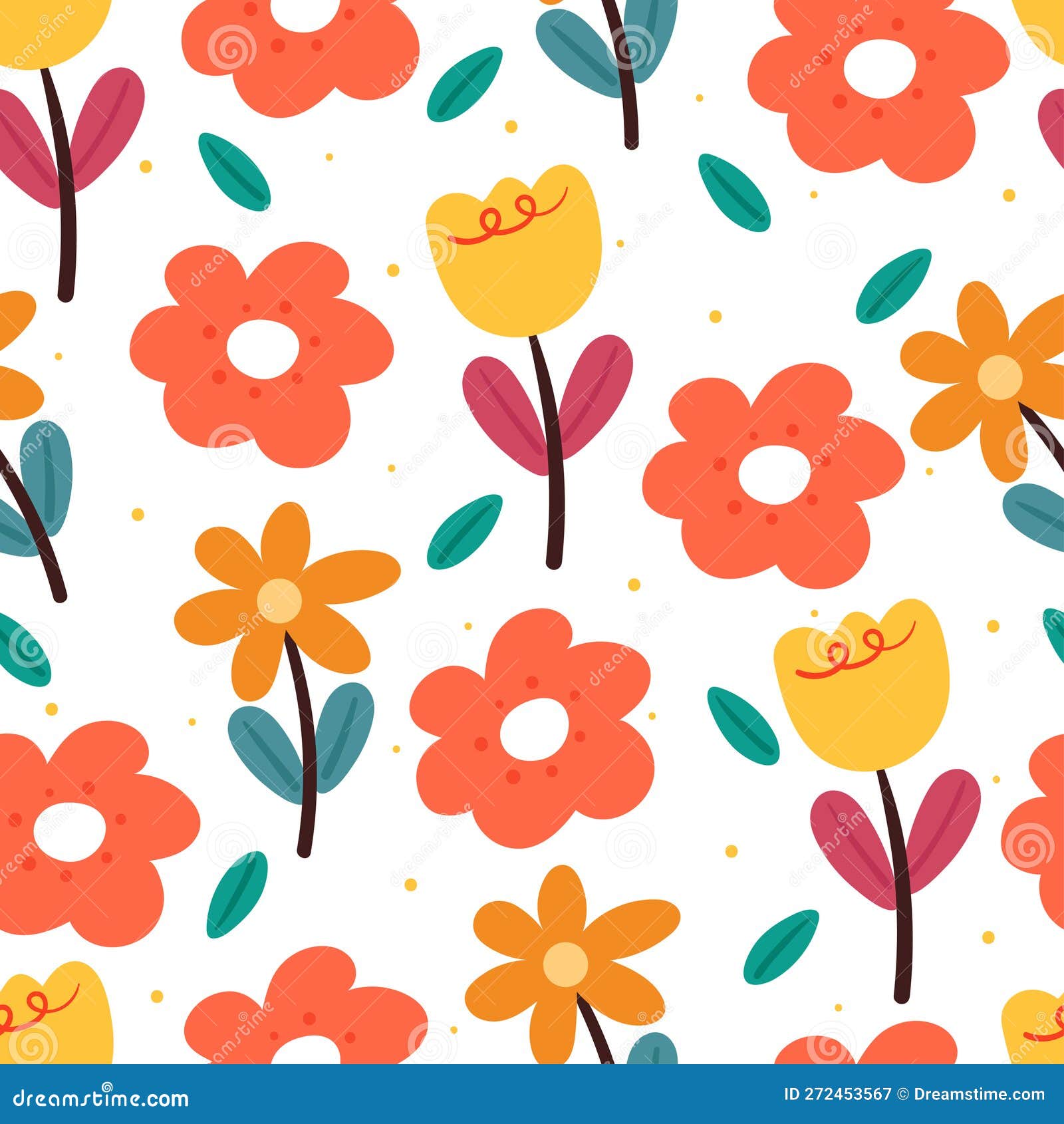 Seamless Pattern Cartoon Flower and Leaves. Botanical Wallpaper for ...