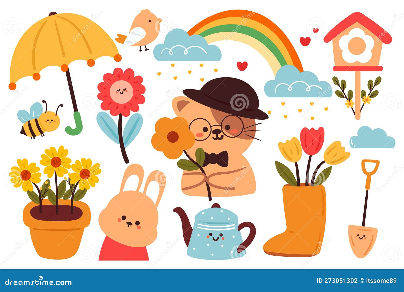 Hand Drawing Cartoon Cat and Cute Spring Element Sticker Set Stock ...