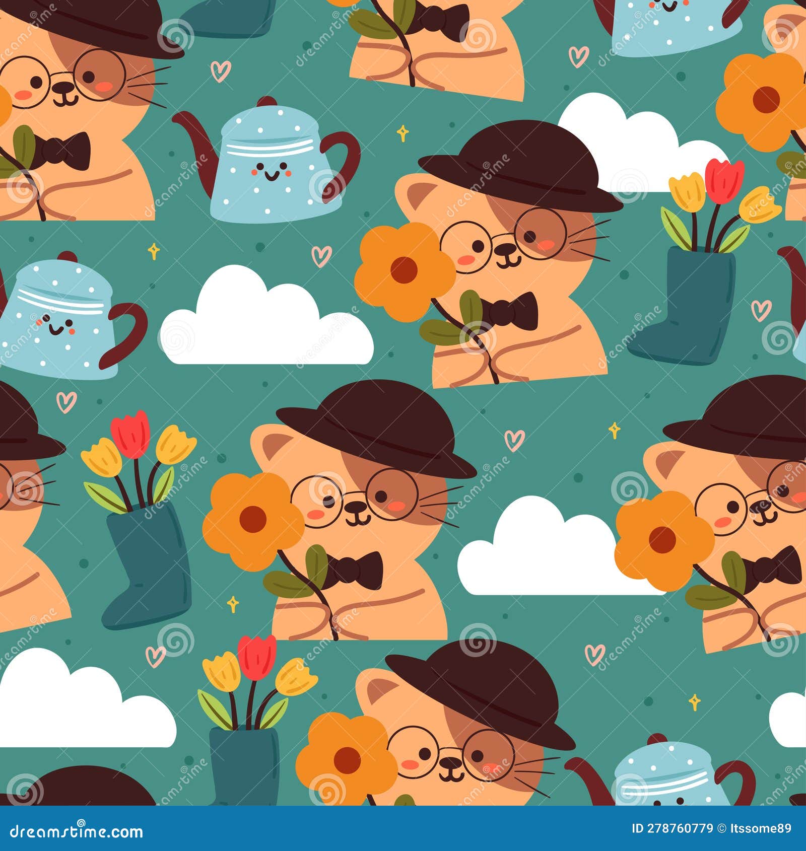 Seamless Pattern Cartoon Cat. Cute Animal Wallpaper for Textile, Gift ...