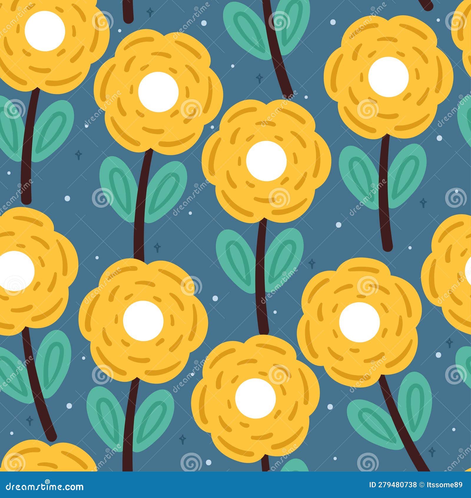 Seamless Pattern Cartoon Flower and Leaves Character. Botanical ...