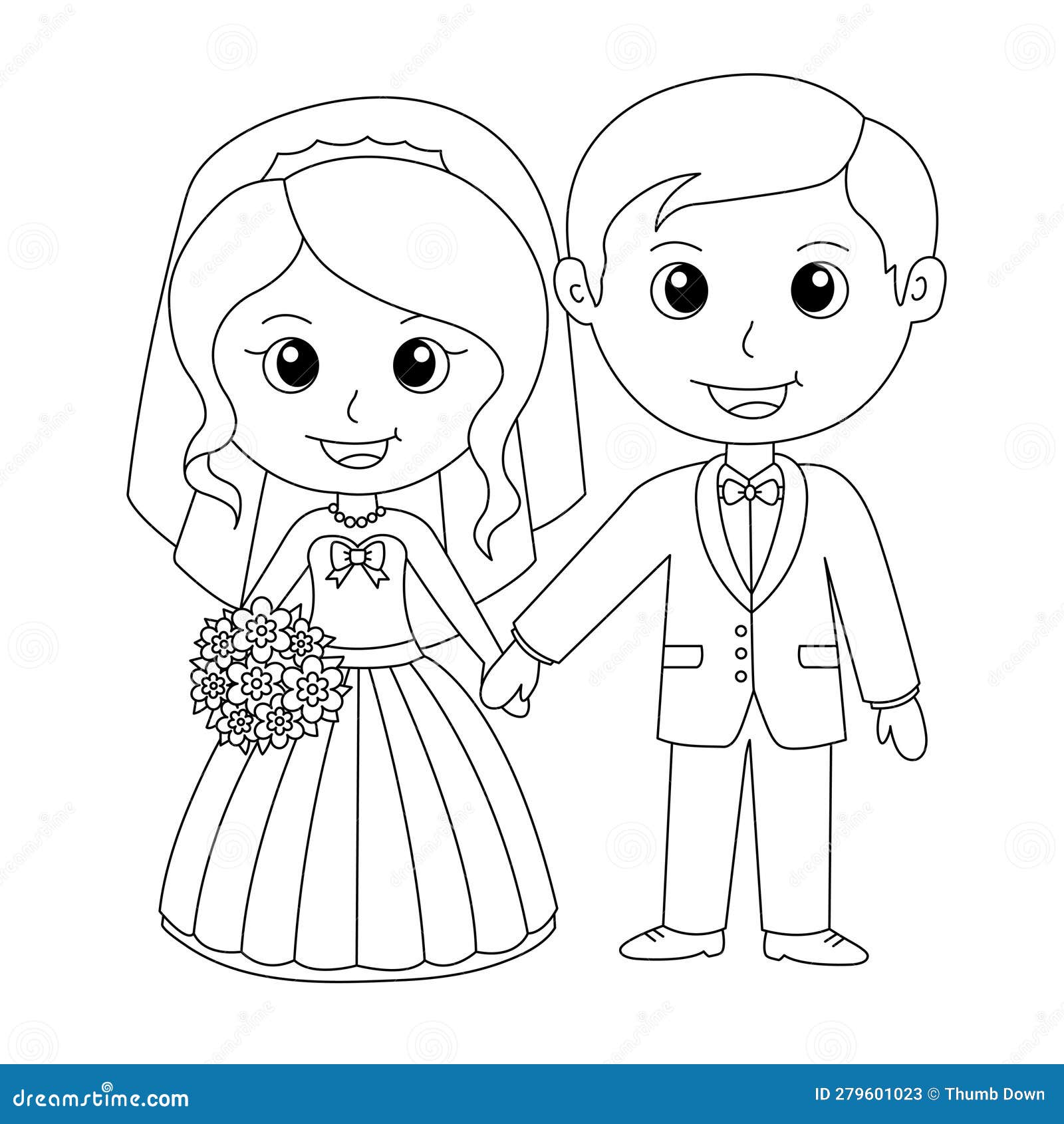 Wedding Couple Coloring Page. Bride and Groom Cartoon Illustration ...
