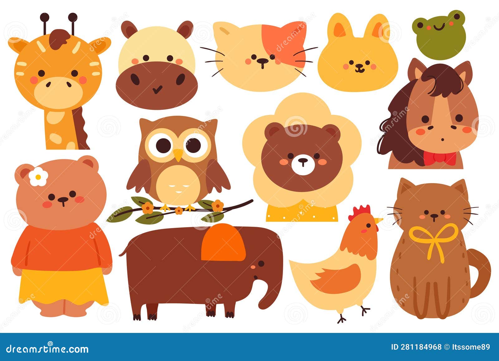 Hand Drawing Cartoon Animals Sticker Set. Cute Animal Doodle for Icon ...