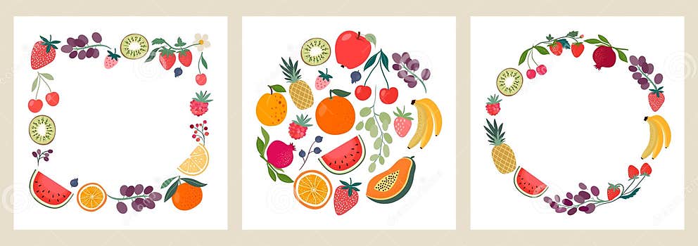 Summer Decorative Collection with Fresh Fruits Frames, Wreath, Vector ...