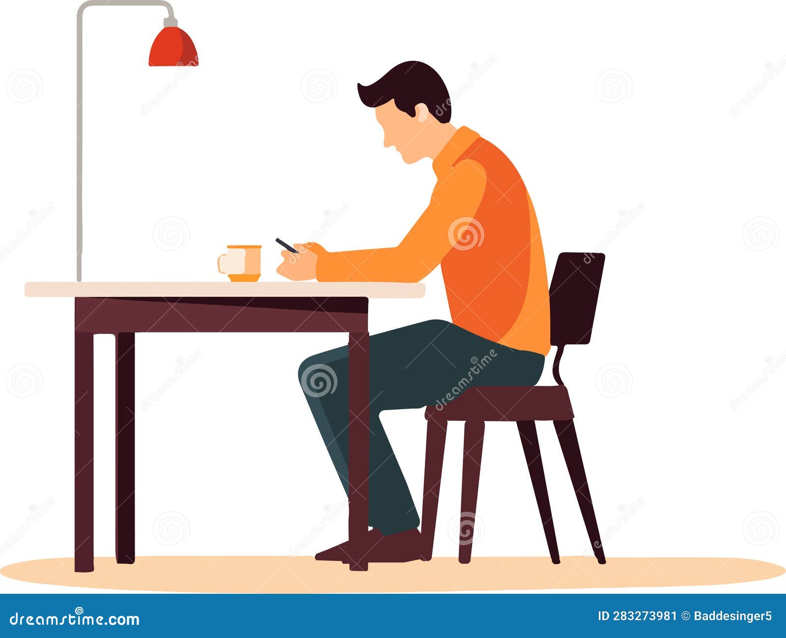 Vector Illustration of a Man Sitting at the Table with a Cup of Coffee ...