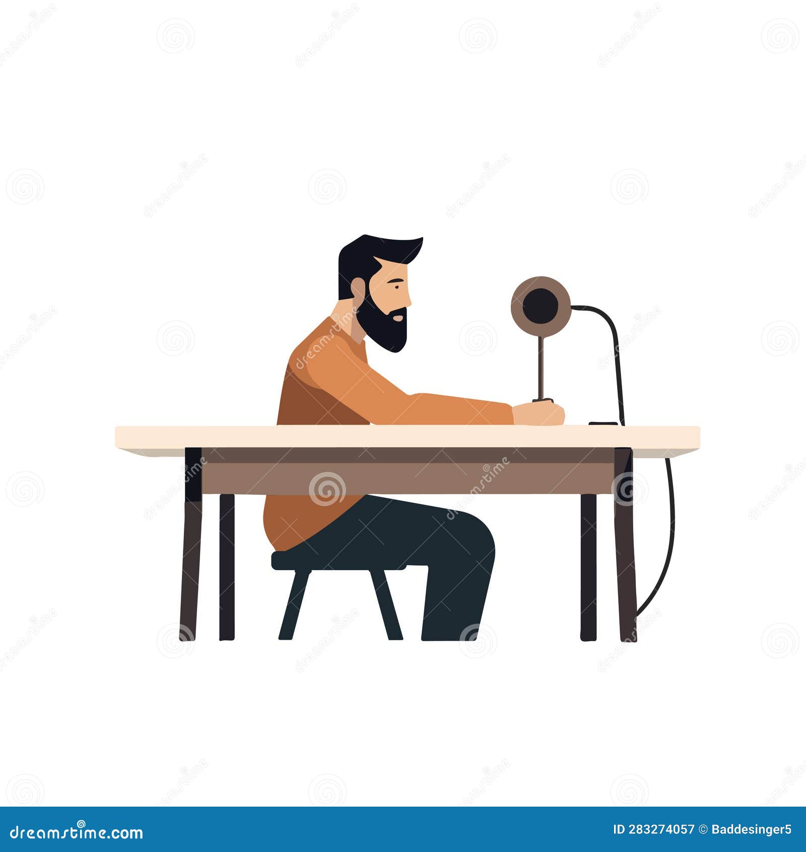 Man Sitting at Desk and Working on Computer, Cartoon Vector ...