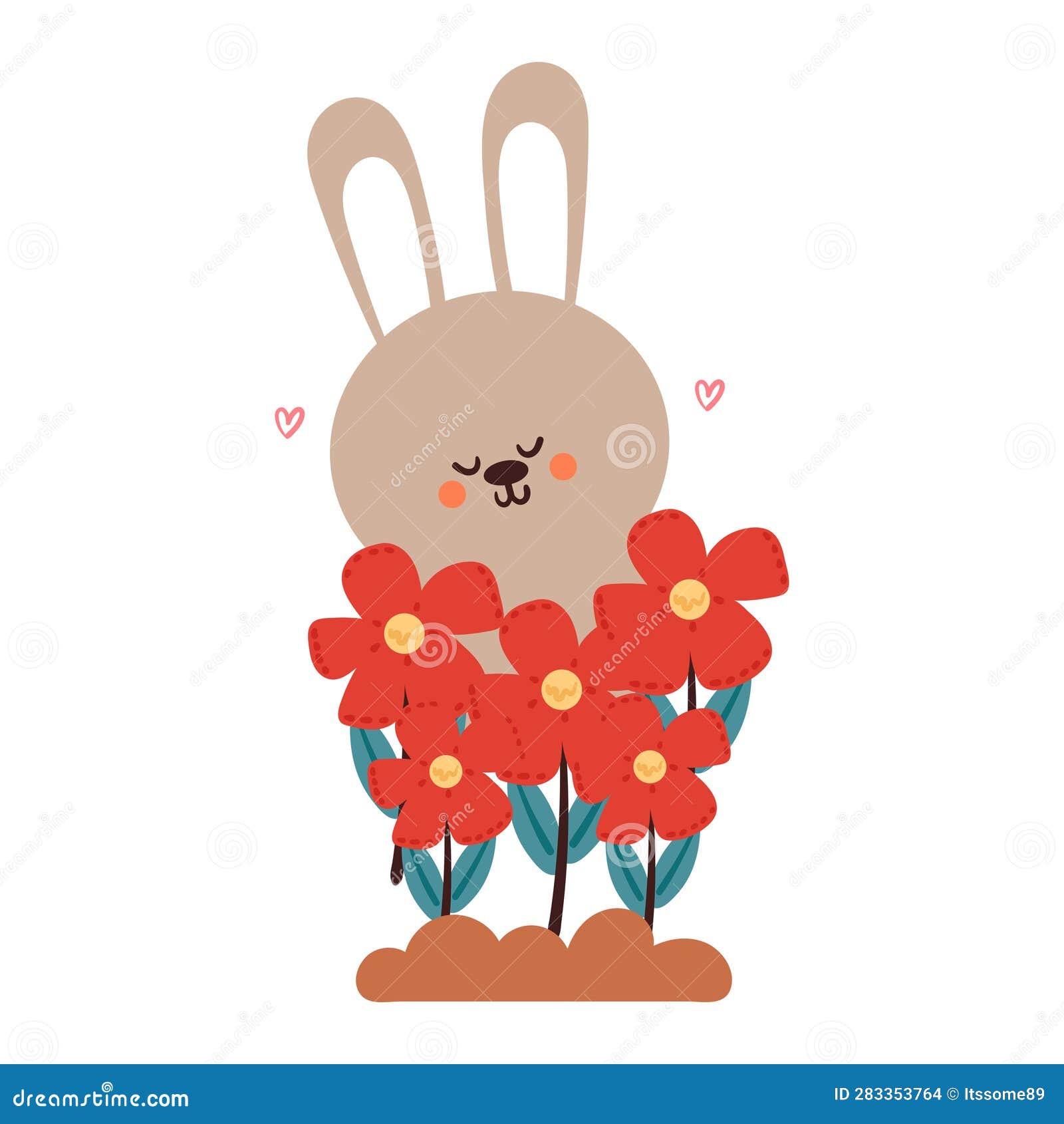 Cute Drawing Cartoon Bunny with Red Flower Stock Vector - Illustration ...