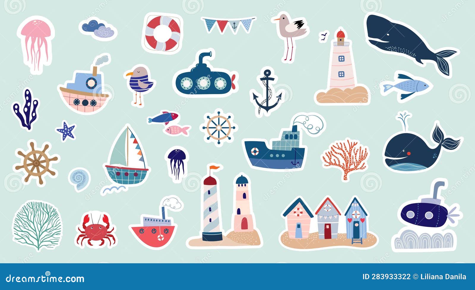 Summer Nautical Stickers Collection with Different Marine Elements ...
