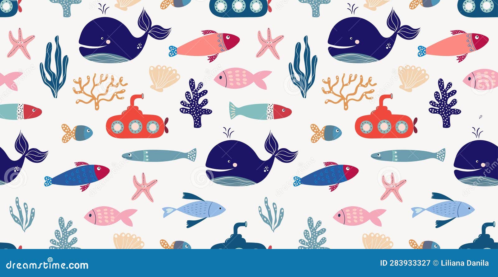 Summer Marine Seamless Pattern with Cute Nautical Elements, Design ...