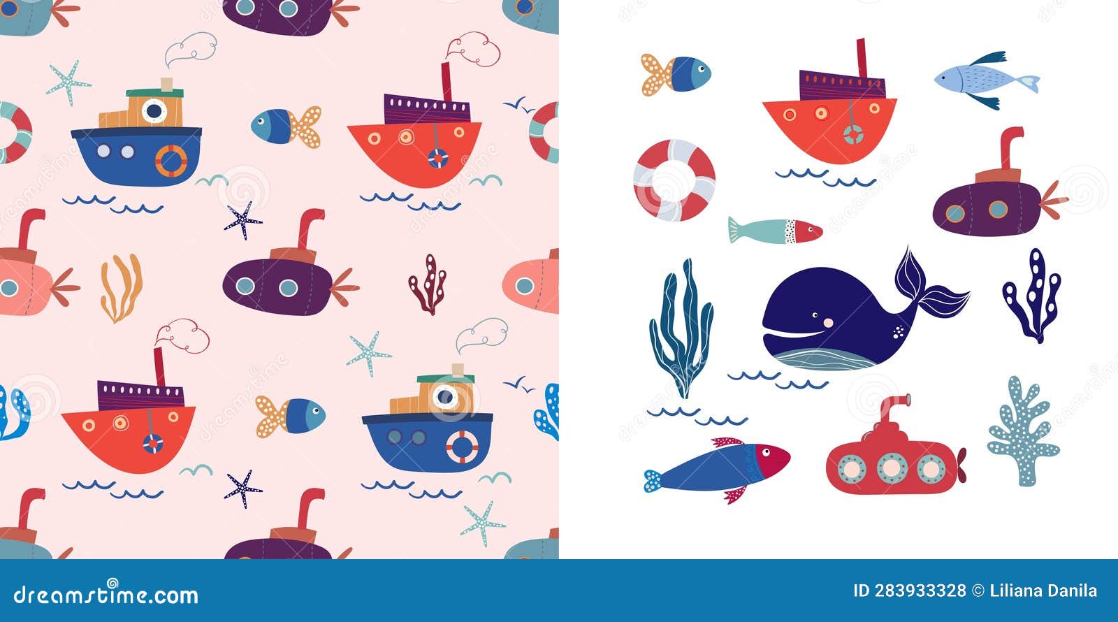 Summer Marine Collection with Seamless Pattern and Cute Nautical ...