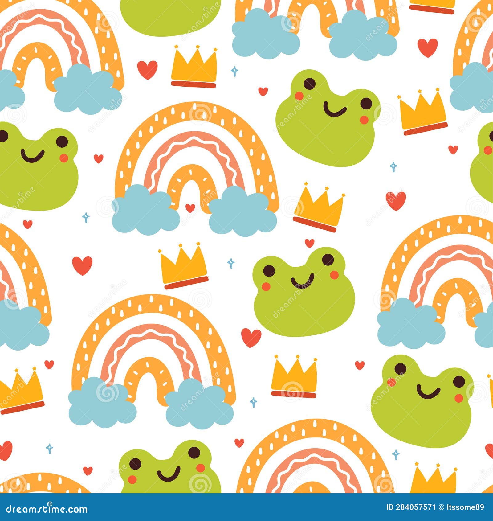Seamless Pattern Cartoon Frog with Rainbow and Crown. Cute Animal, and ...