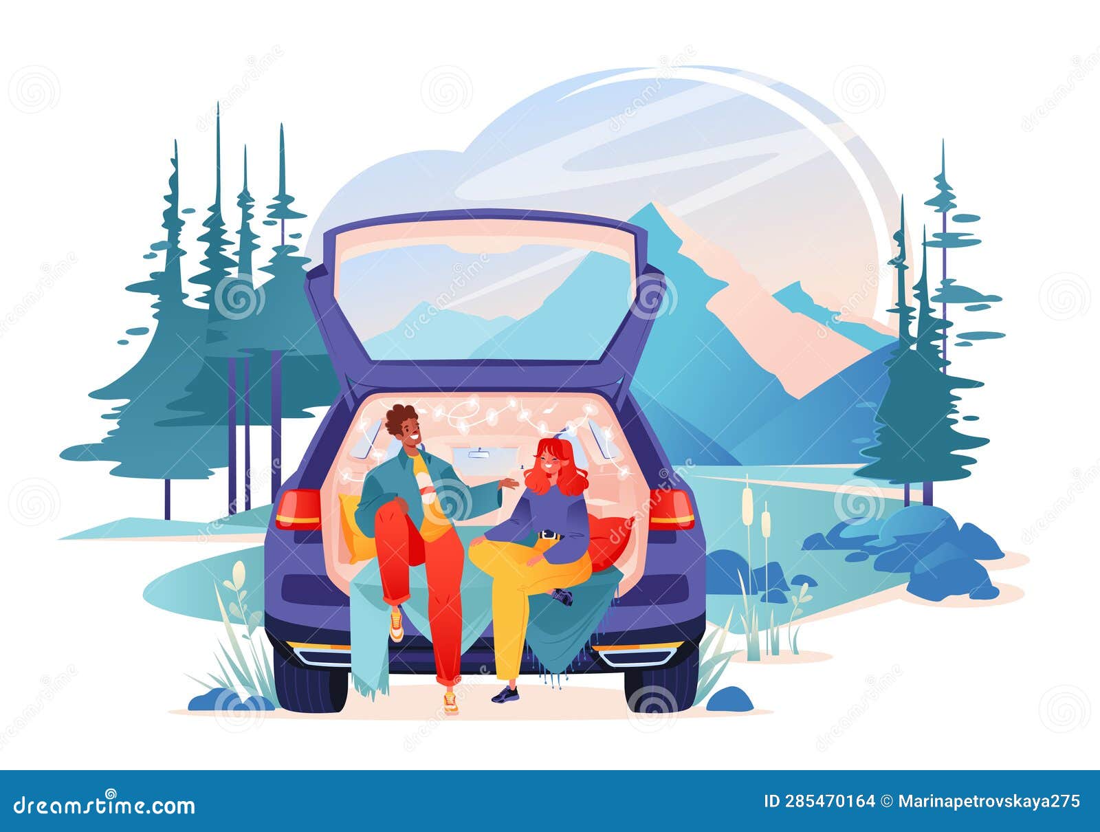 Car With Open Trunk Parked On Sunny Forest Road Stock Photo ...