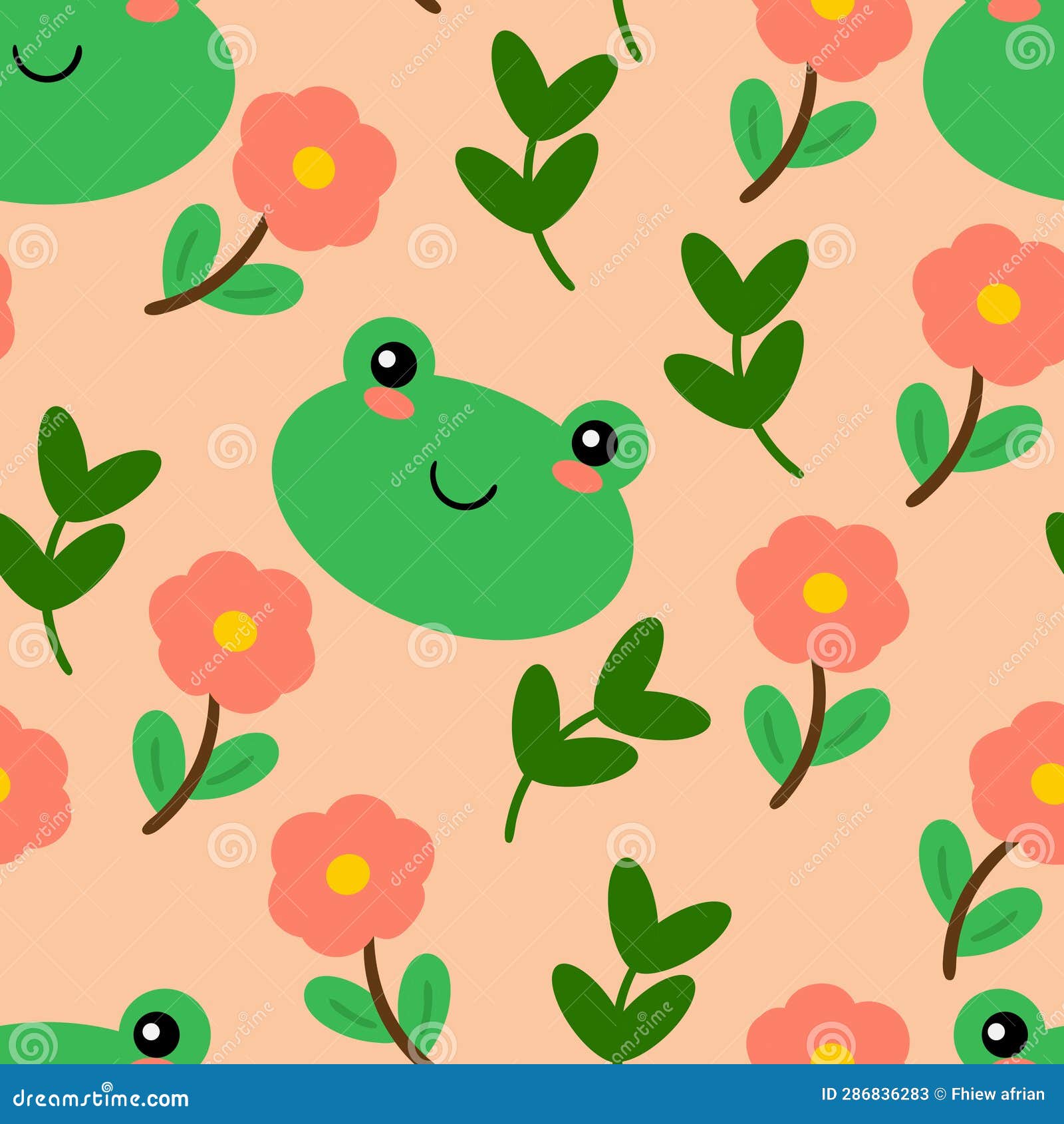 Seamless Pattern Cartoon Frog and Flower Red. Cute Animal Stock Vector ...