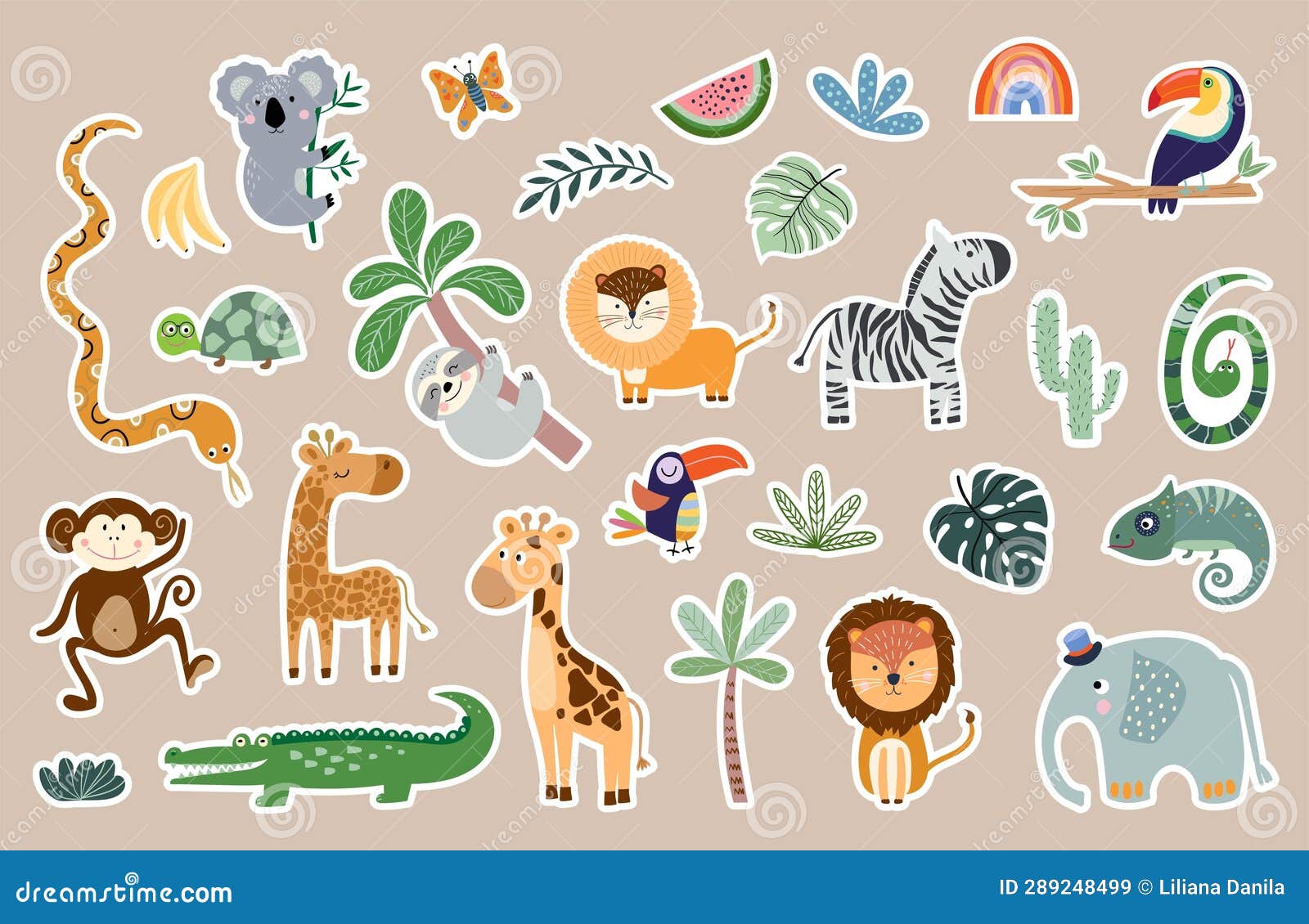 Jungle Stickers Collection with Cute Elements, Animals and Vegetation ...