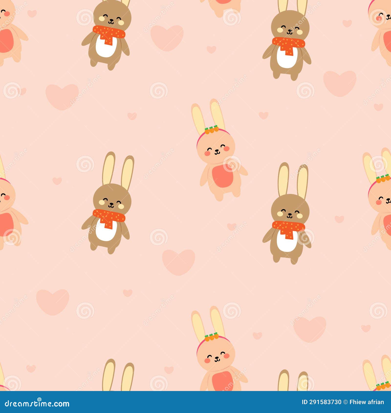 Seamless Pattern of Cartoon Couple Rabbits and Flowers on Pink ...