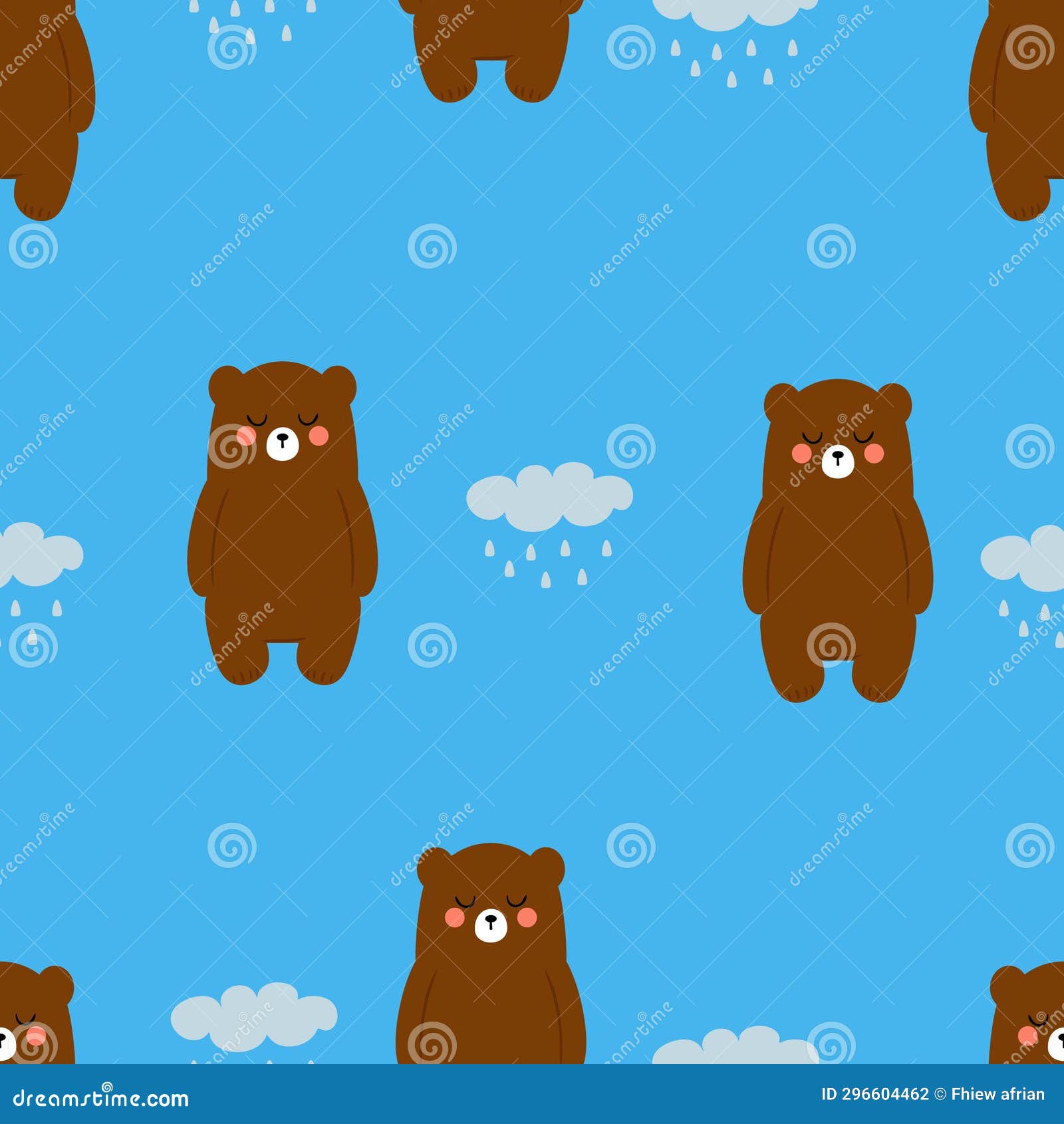 Seamless Pattern with Cute Cartoon Bears and Rain Clouds, on Fabric ...