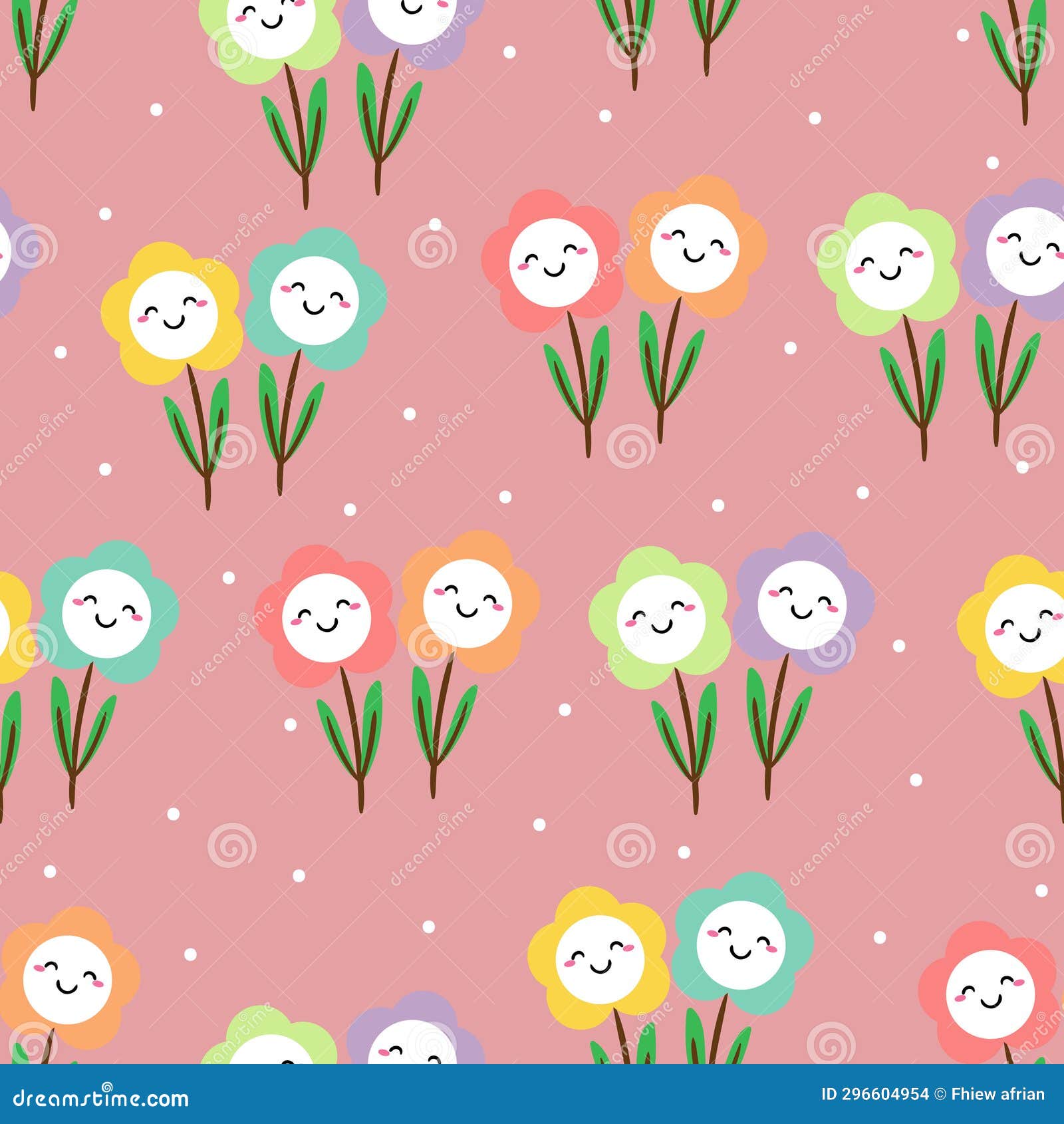 Seamless Pattern with Cute Cartoon Flowers, on Fabric, Textile, Gift ...
