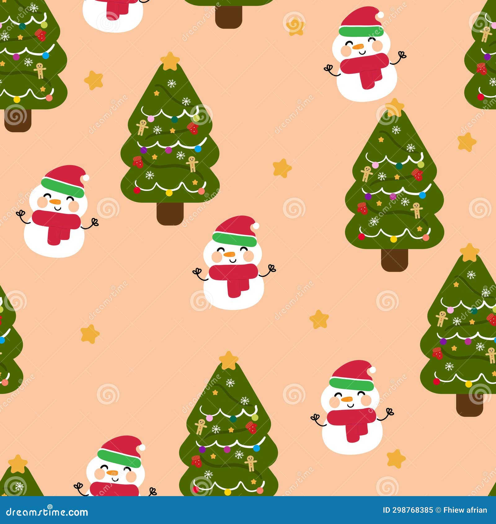 Cartoon Snowman Seamless Pattern with Christmas Trees and Elements ...