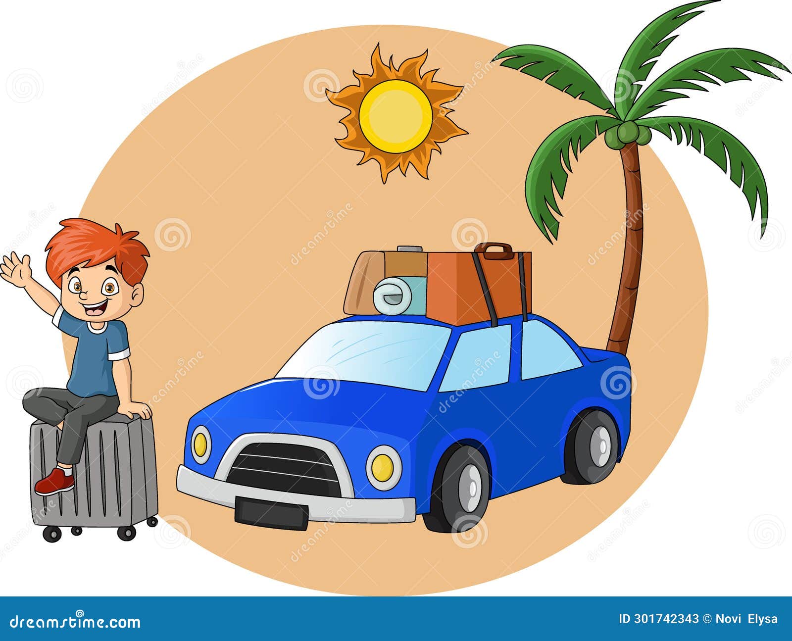 Cute Little Boy Cartoon with Blue Car Stock Vector - Illustration of ...