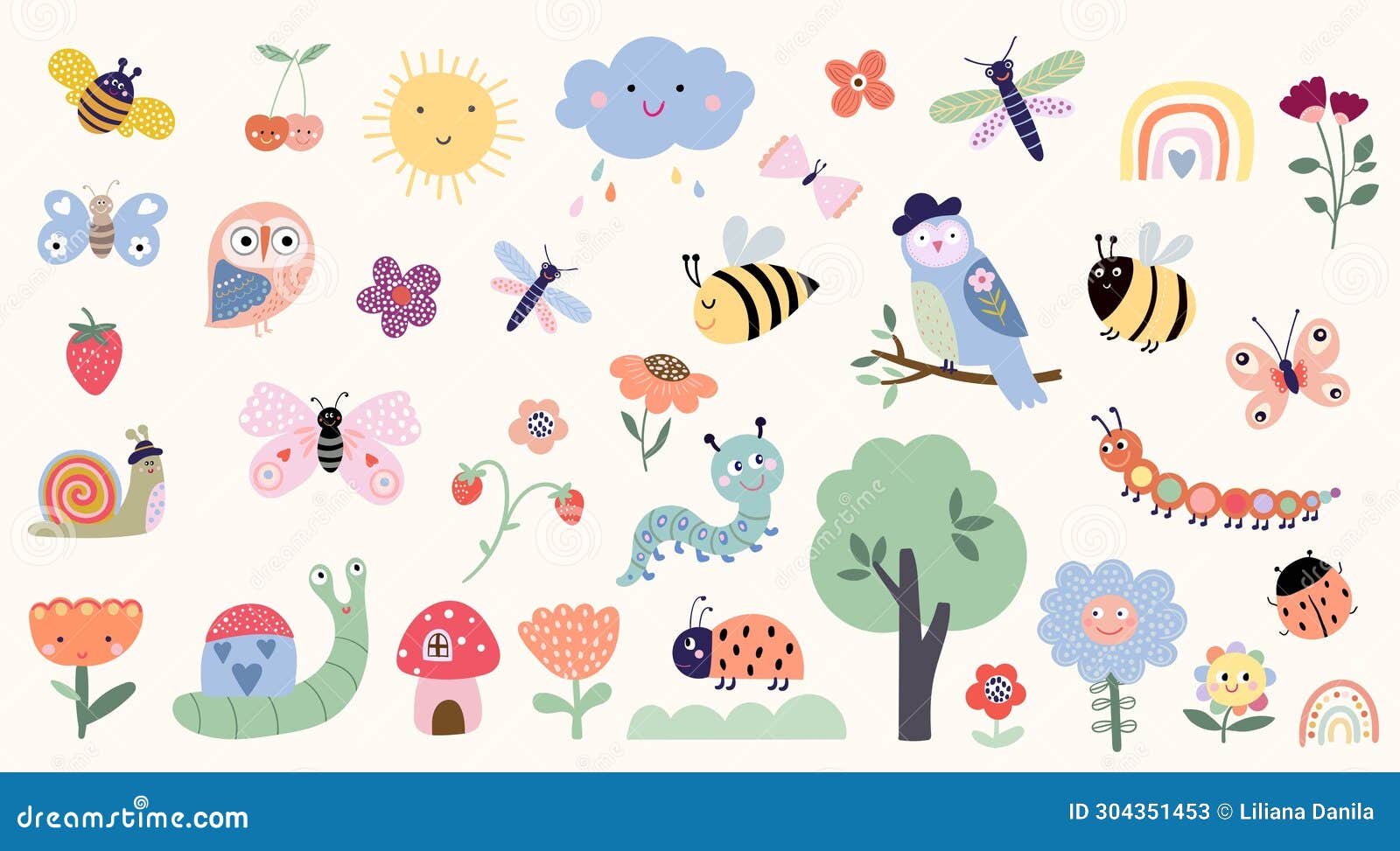 Spring Time Elements Collection, Funny Animals, Insects and Flowers ...