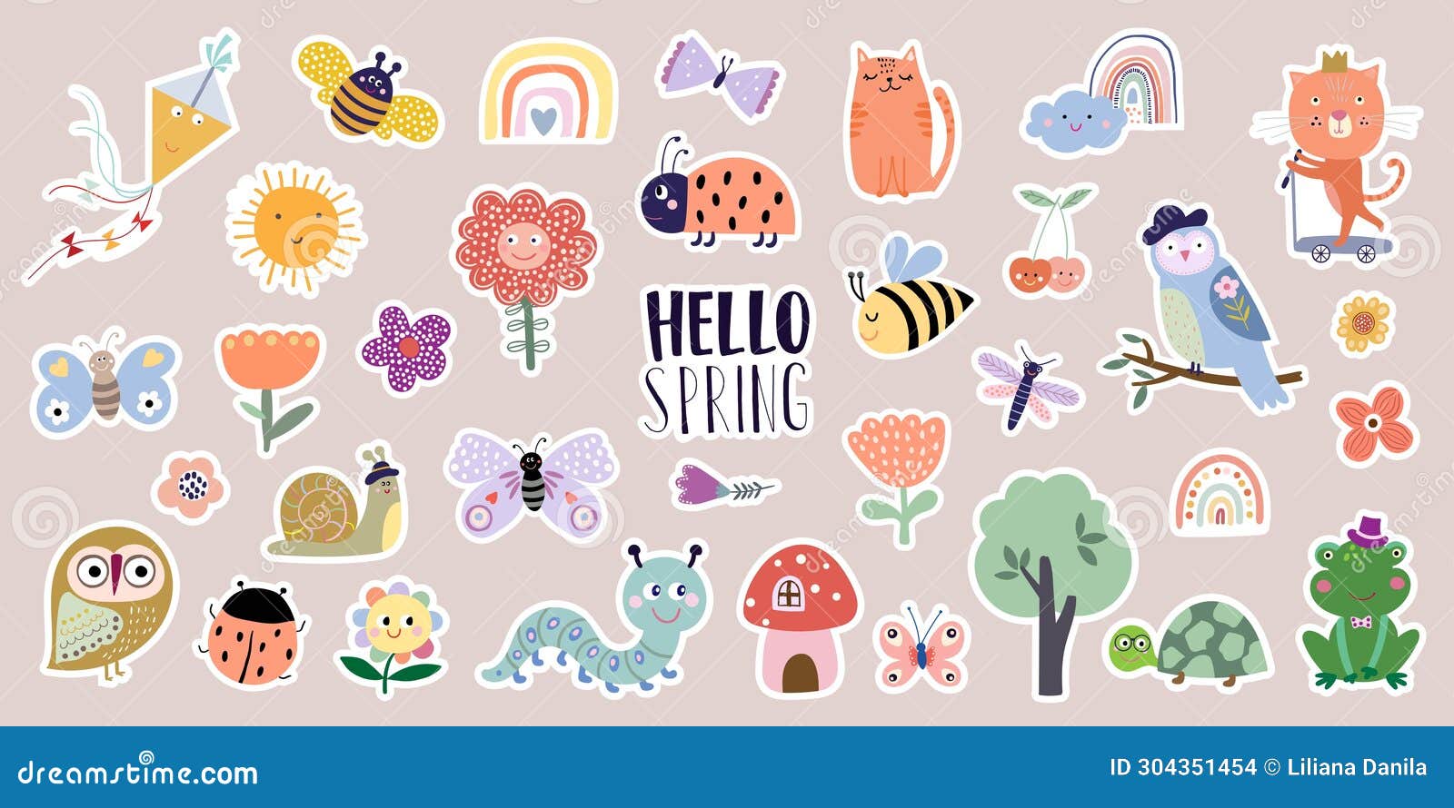 Spring Time Stickers Collection, Funny Animals, Insects and Flowers ...