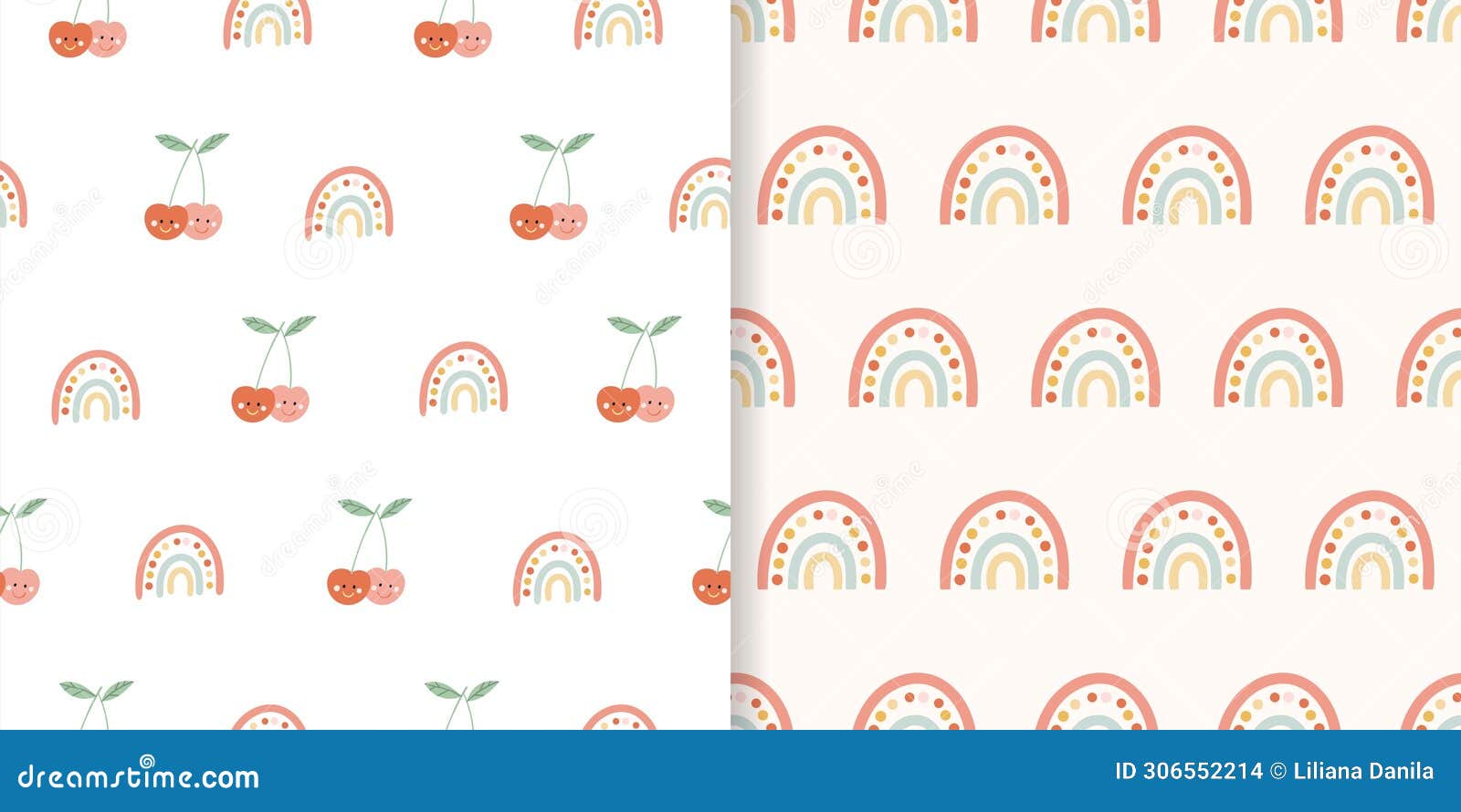Childish Seamless Patterns Set with Cherries and Rainbows Stock Vector ...