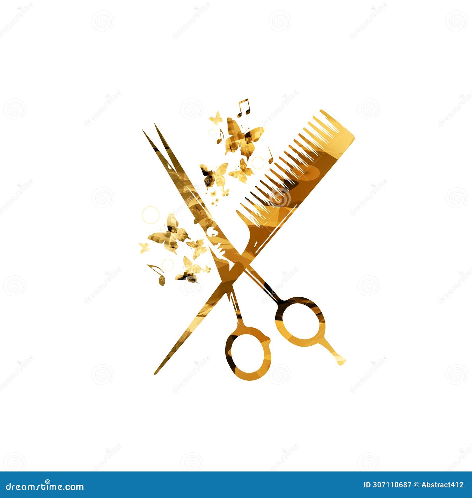 Gold Comb and Scissors Design with Butterflies. Vector Illustration ...